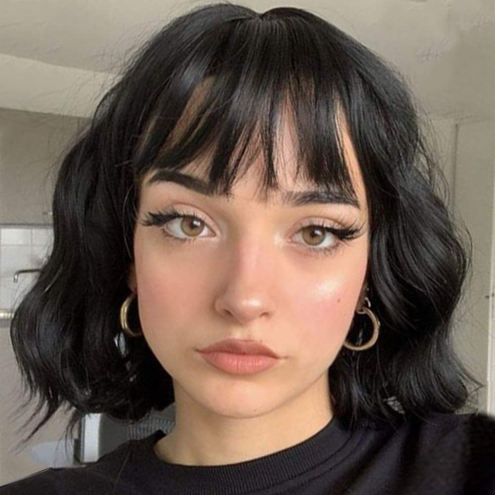 DOPI Short Ombre Blonde Wigs Wavy Bob Wig with Bangs Women Synthetic ...