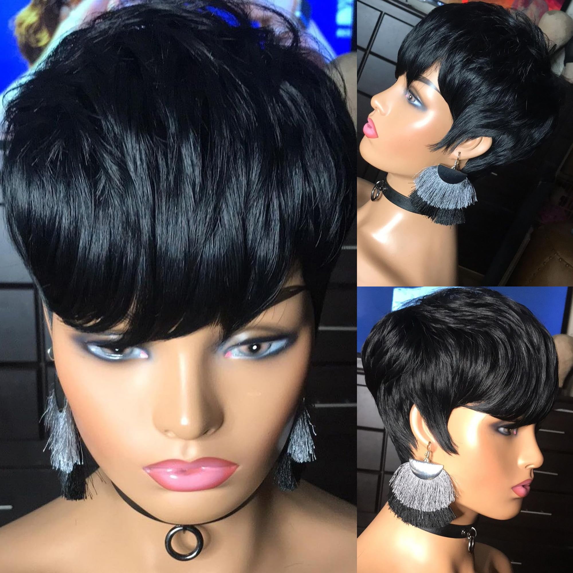 DOPI Women Black Human Hair Wigs Color Natural Fashion Synthetic Fluffy ...