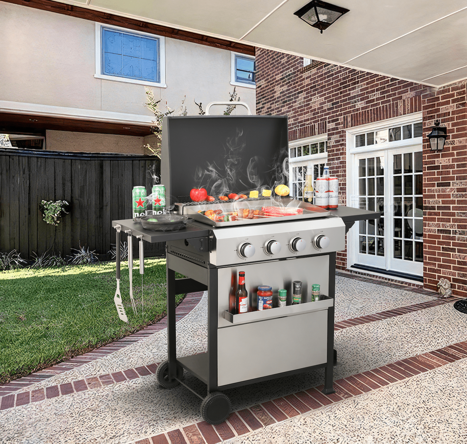 DOPIN 4 Burner Gas Grill, Stainless Steel Propane Grill with Griddle ...