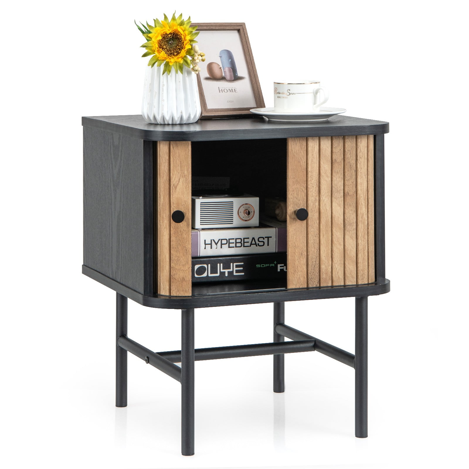 DOPIUY Mid-Century Modern Nightstand, Wood Bedside Table with Sliding ...