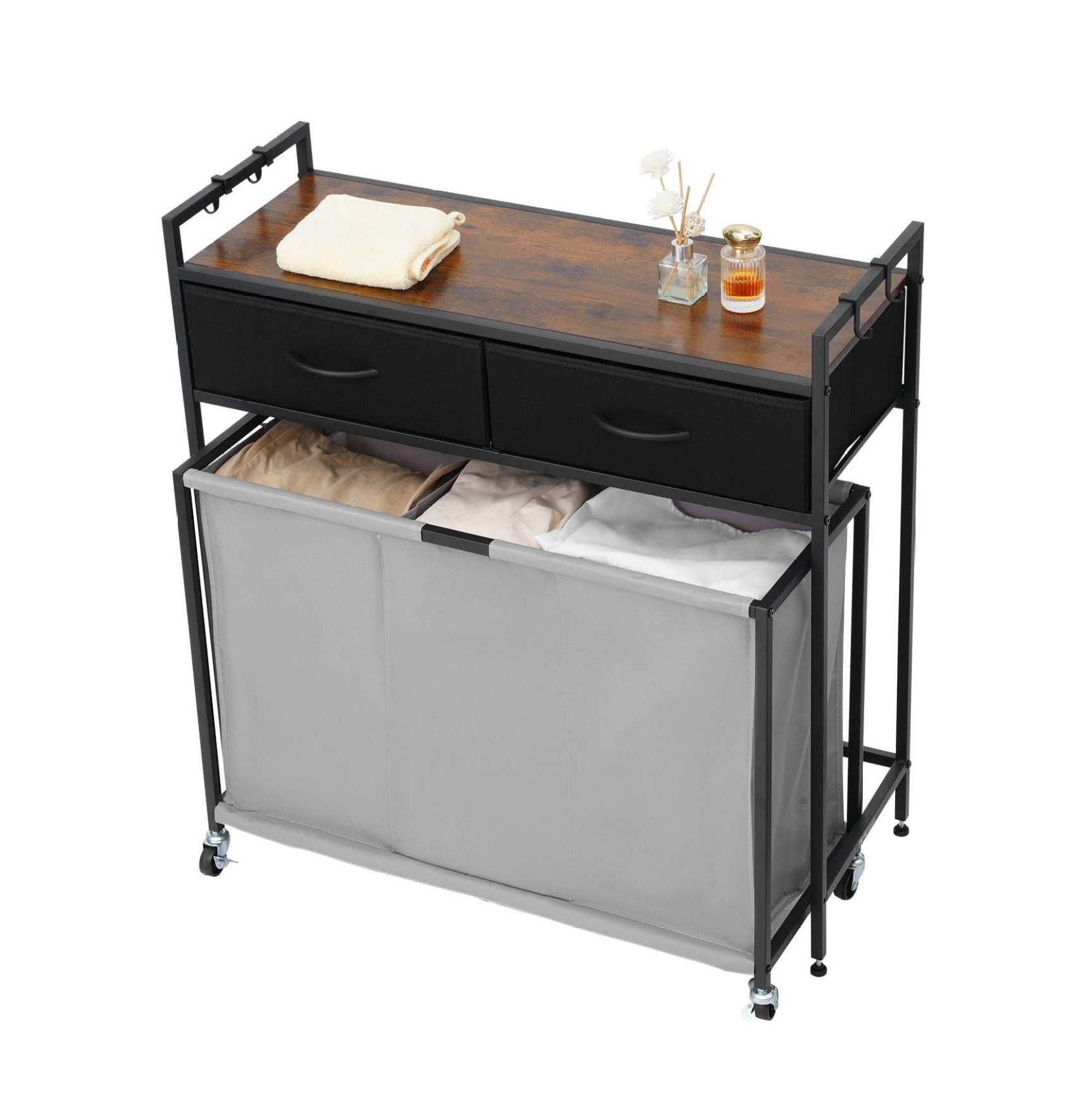 DOPIUY Uimoso.3 Section Laundry Sorter, Hooks & Wheels, Rolling Basket ...