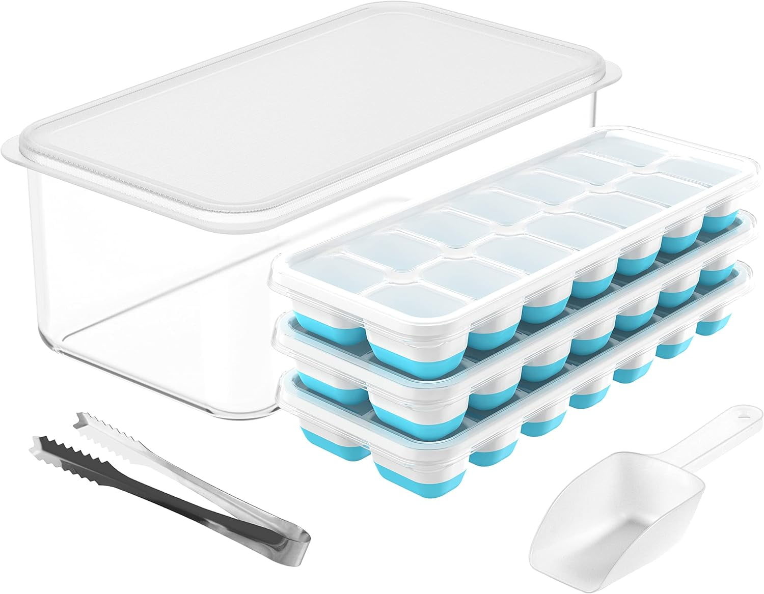 DOQAUS Ice Cube Tray with Lid and Bin, 3 Pack Silicone Plastic Ice Cube ...