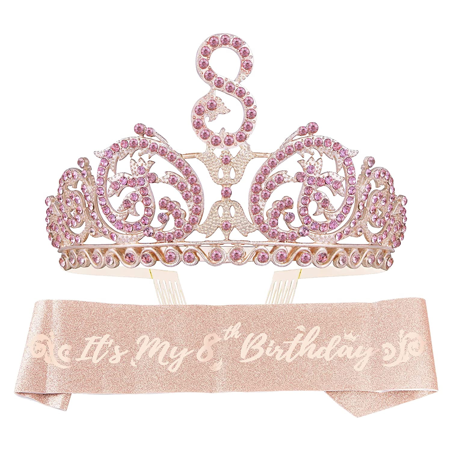 DORADREAMDEKO Forest Rhinestone Pink Tiara and Glitter Sash Set - Perfect 8th Birthday Gift for ...