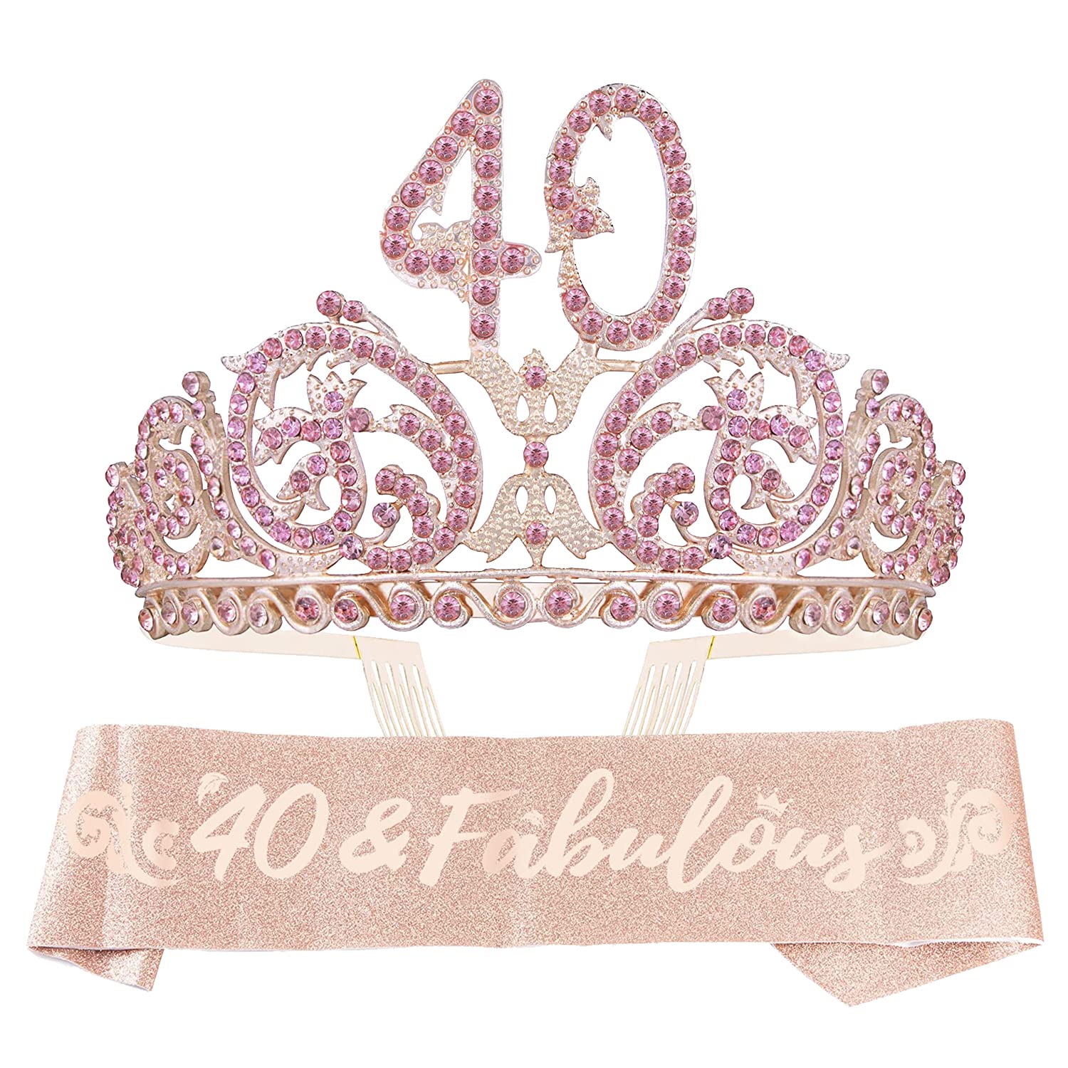 DORADREAMDEKO Pink Glitter Sash and Rhinestone Tiara Set - 40th ...