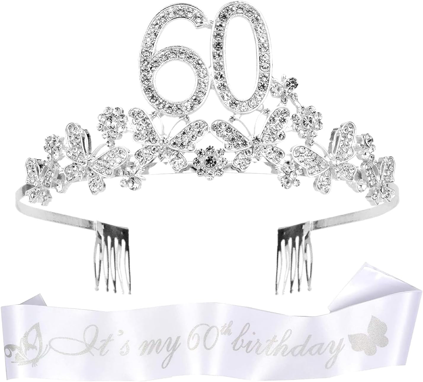 DoraDreamDeko 60th Birthday Queen Tiara & Sash Set - Silver Glittery & Rhinestone Crown, Perfect ...
