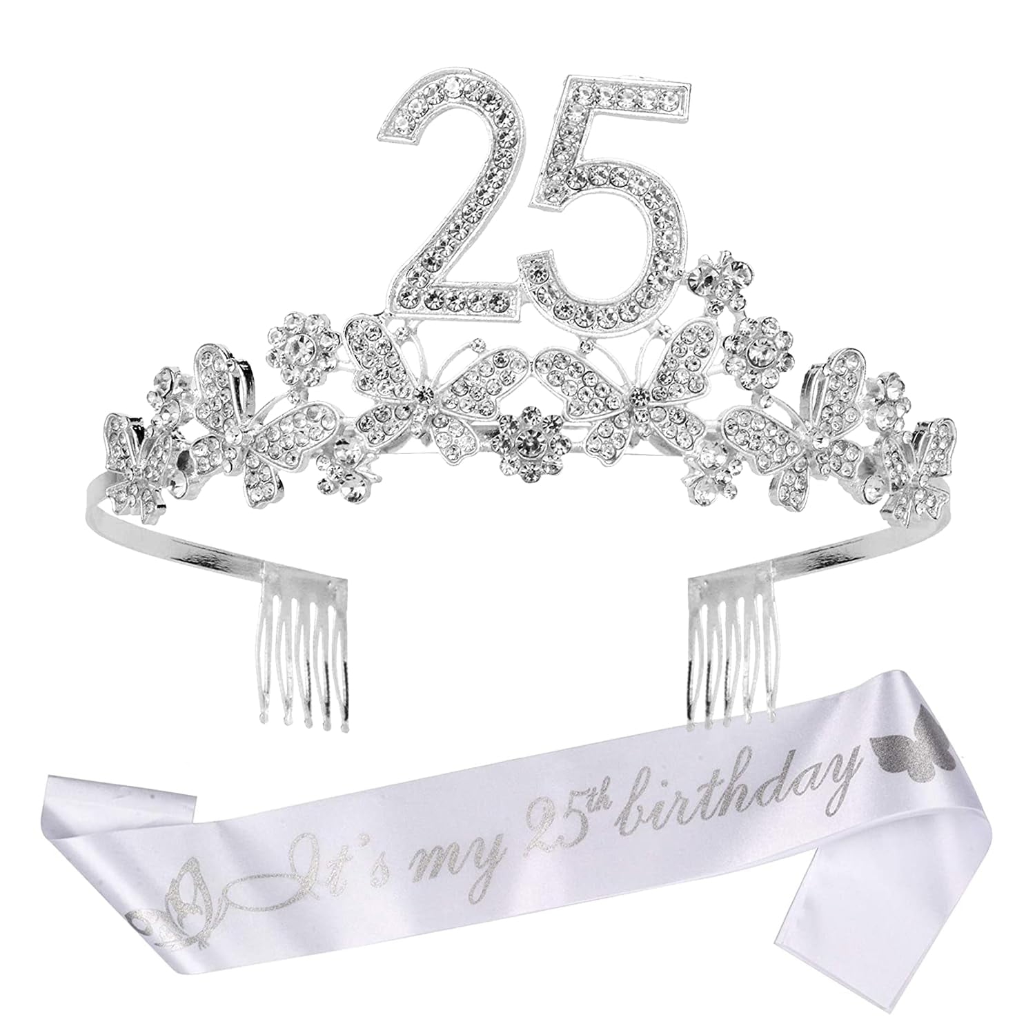 DORADREAMDEKO Silver Birthday Sash and Tiara Set - Glitter Sash + Rhinestone Tiara for Women ...