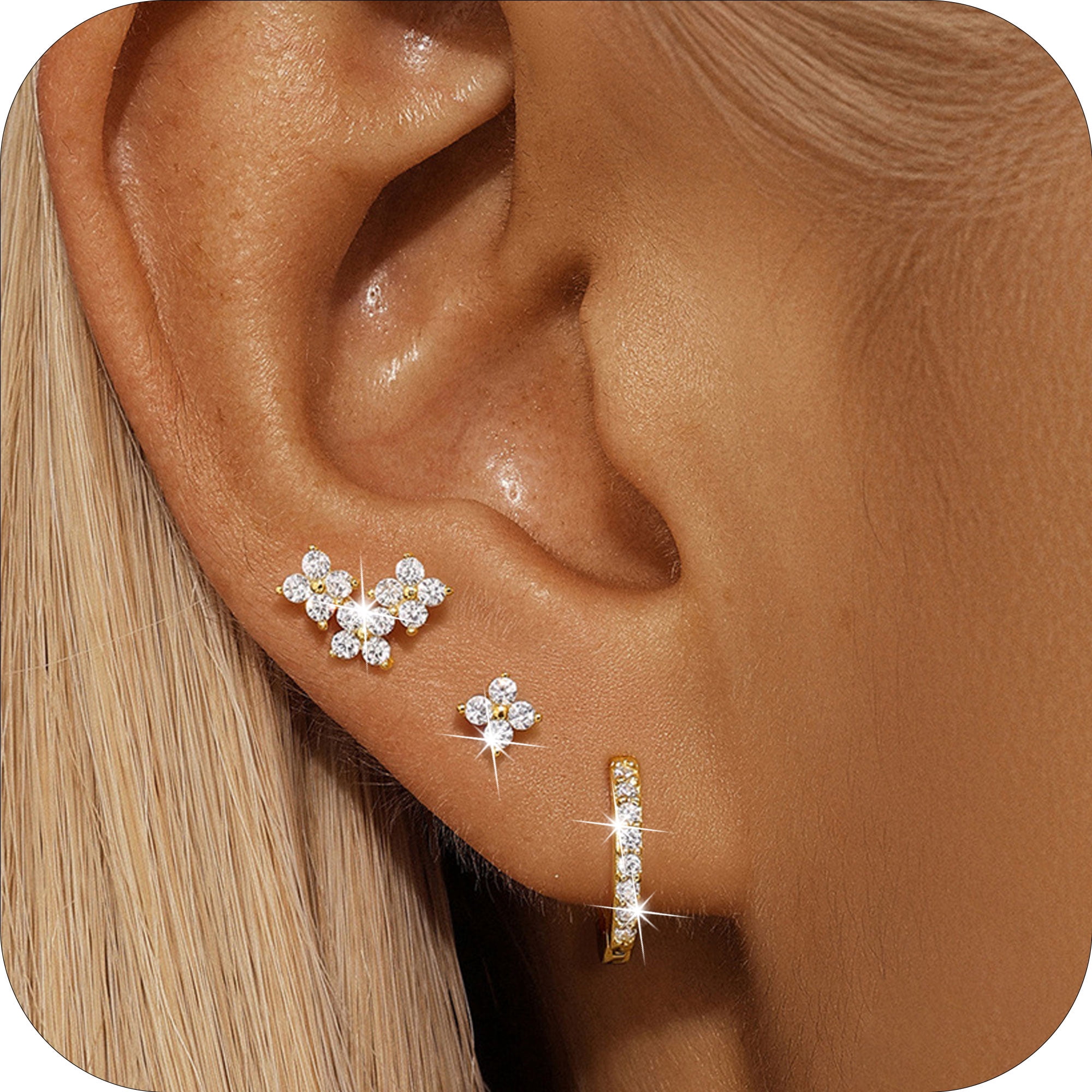 DORANA 3 Pairs 18K Gold Plated Flower Stud Earrings for Women CZ ...