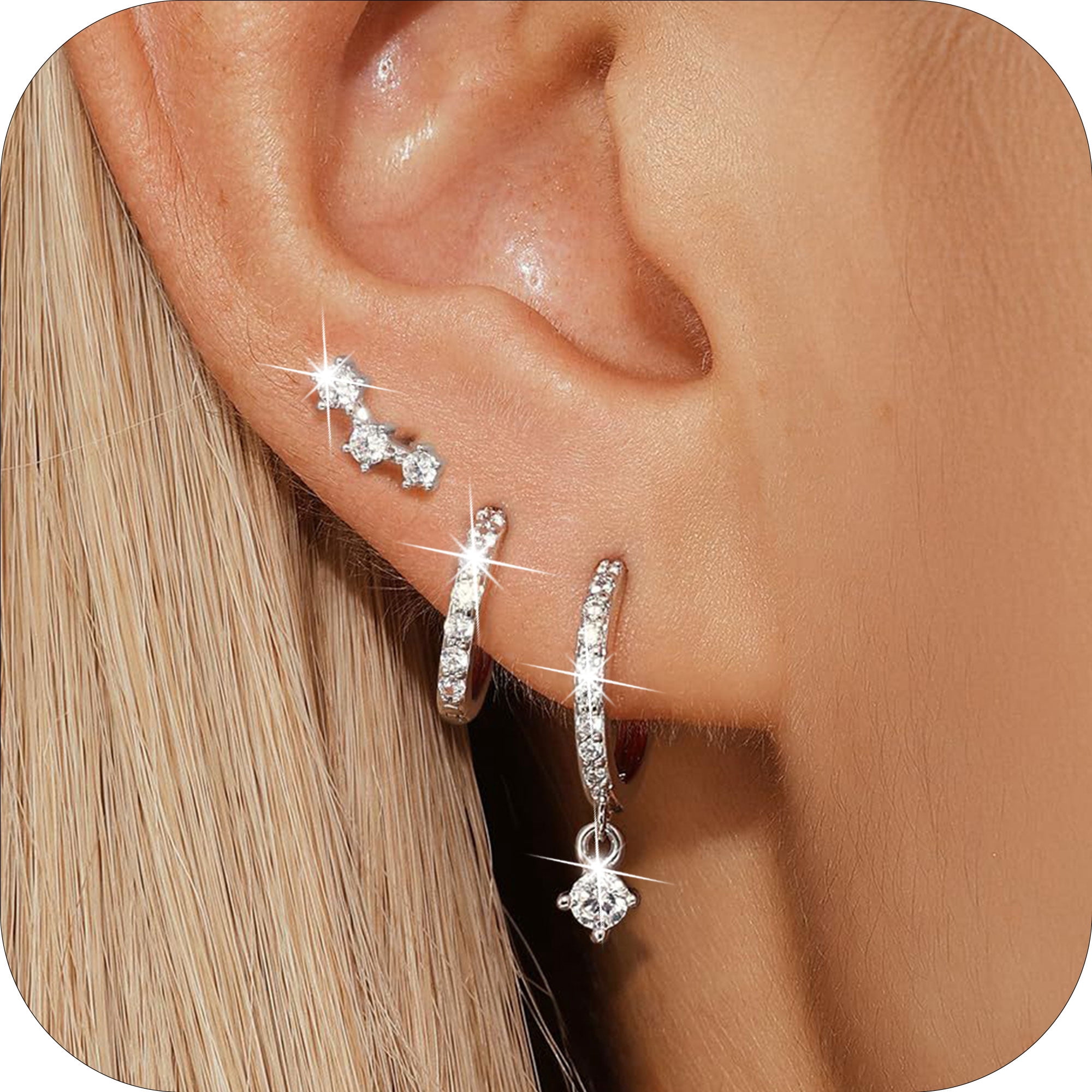 DORANA 3 Pairs 18K White Gold Plated Stud Earrings for Women CZ ...