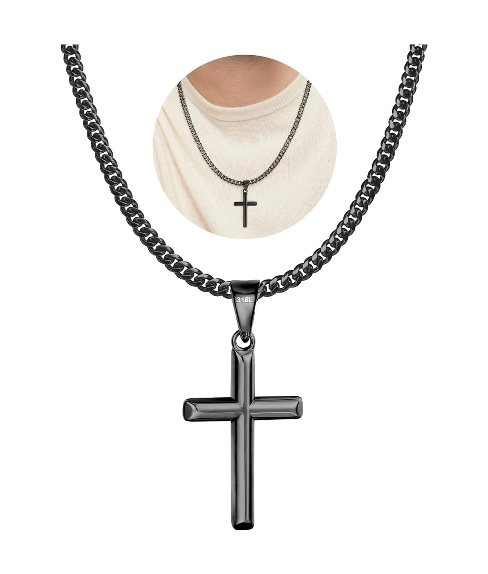 DORANA Black Cross Necklaces for Men Boys Stainless Steel Cross Pendant ...