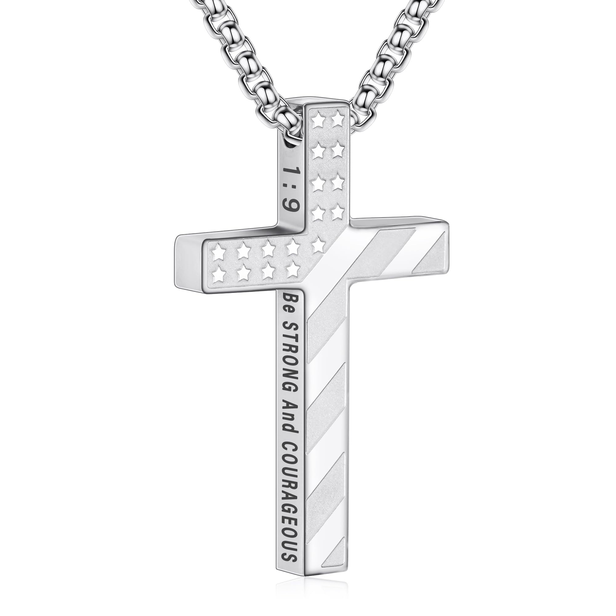 DORANA Cross Necklaces for Men Silver American Flag Bible Joshua 1:9 ...