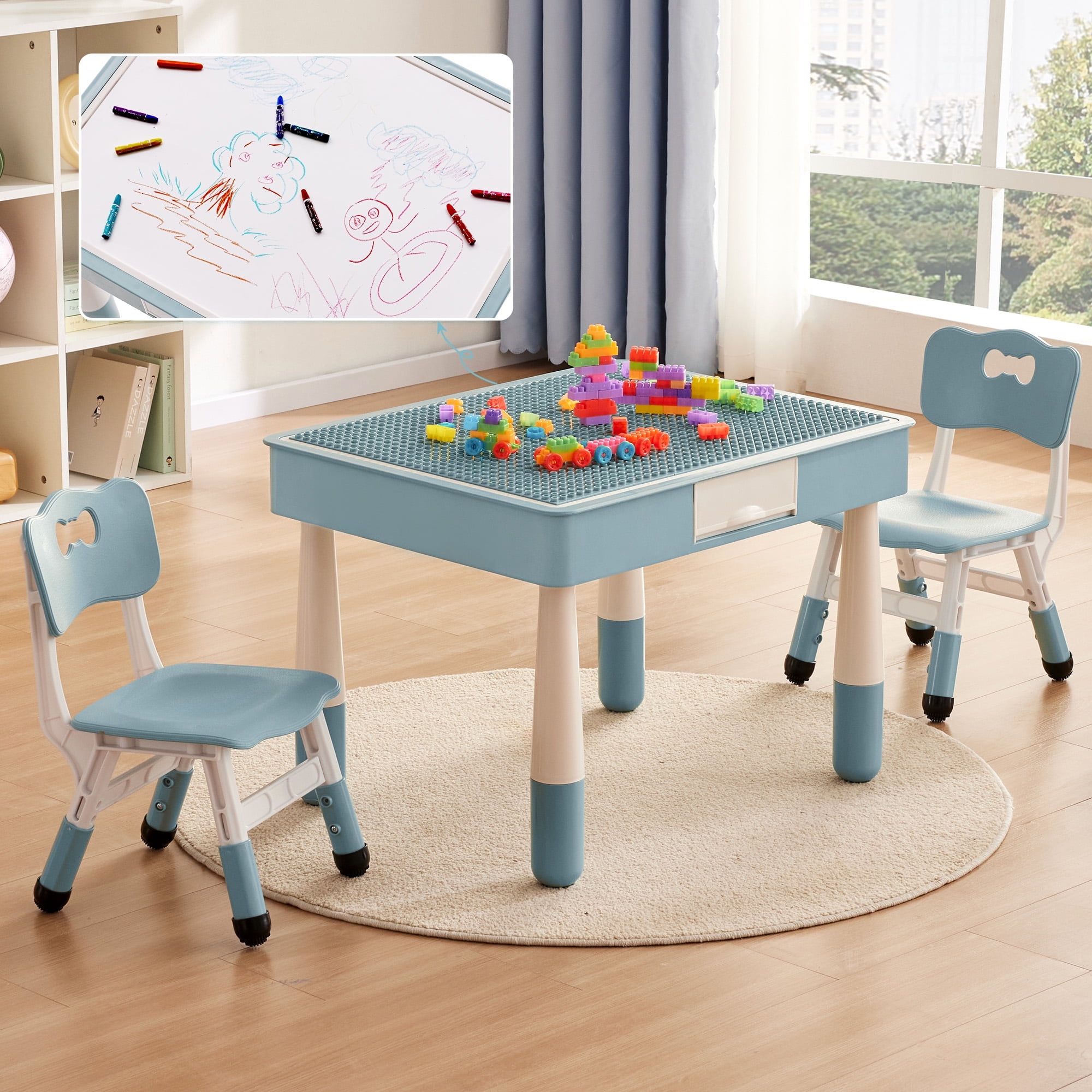 DOREROOM, 4 in 1 Kids Table and Chairs Set, Double-Sided Tabletop ...