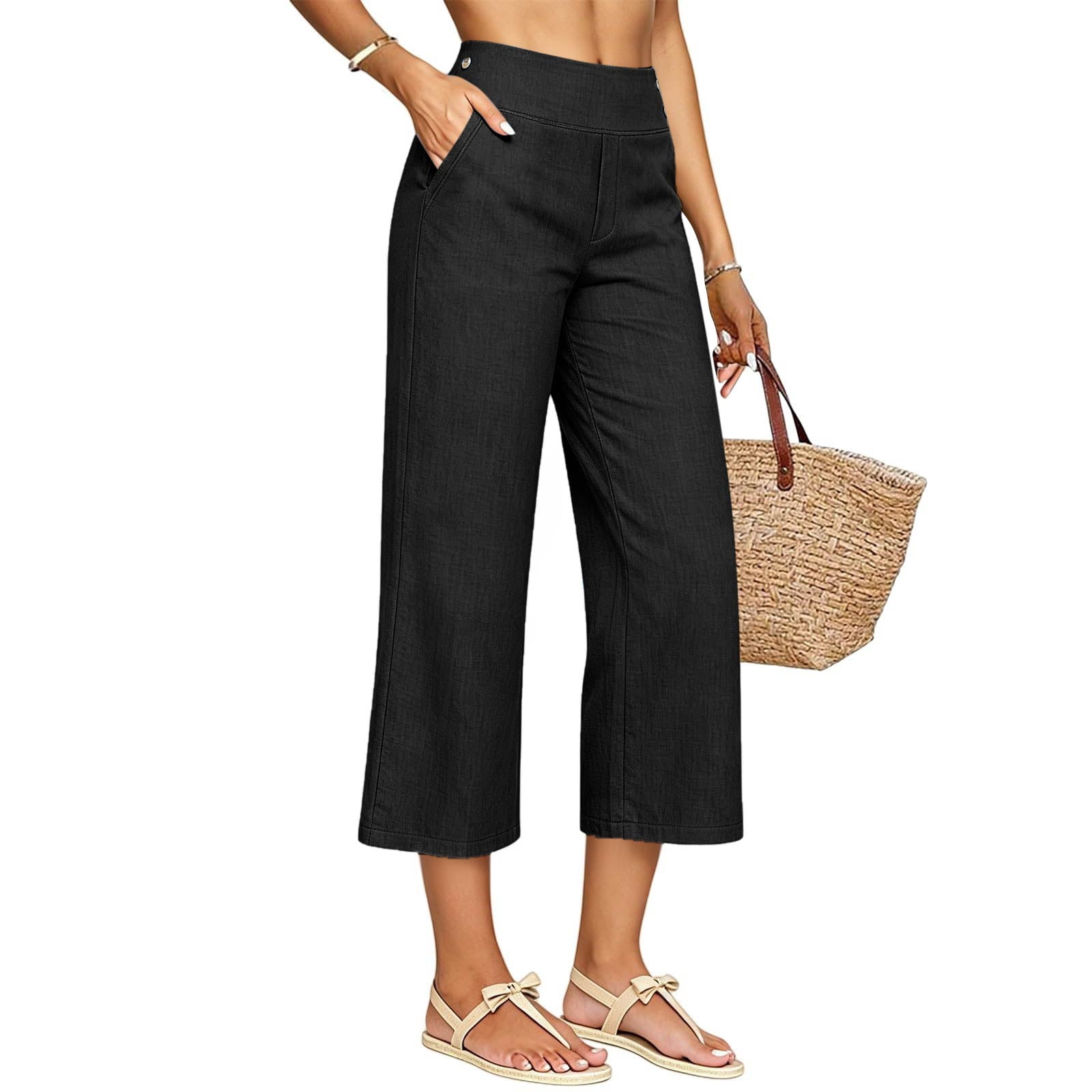 DORKASM Capris for Women High Waist Cotton Linen Casual Yoga Pants Wide ...
