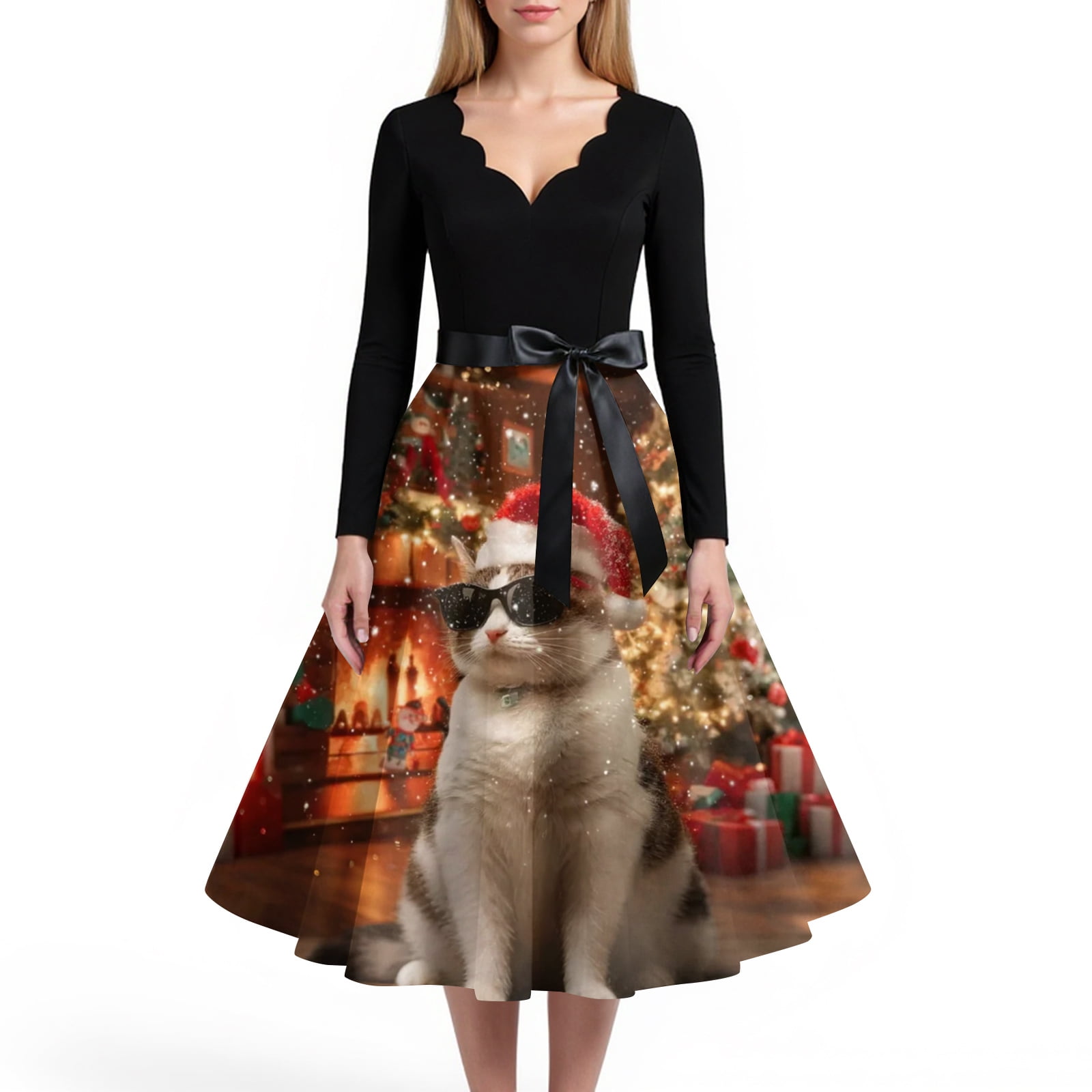 DORKASM Christmas Dresses for Womens V neck Cute Christmas Tree Hepburn ...