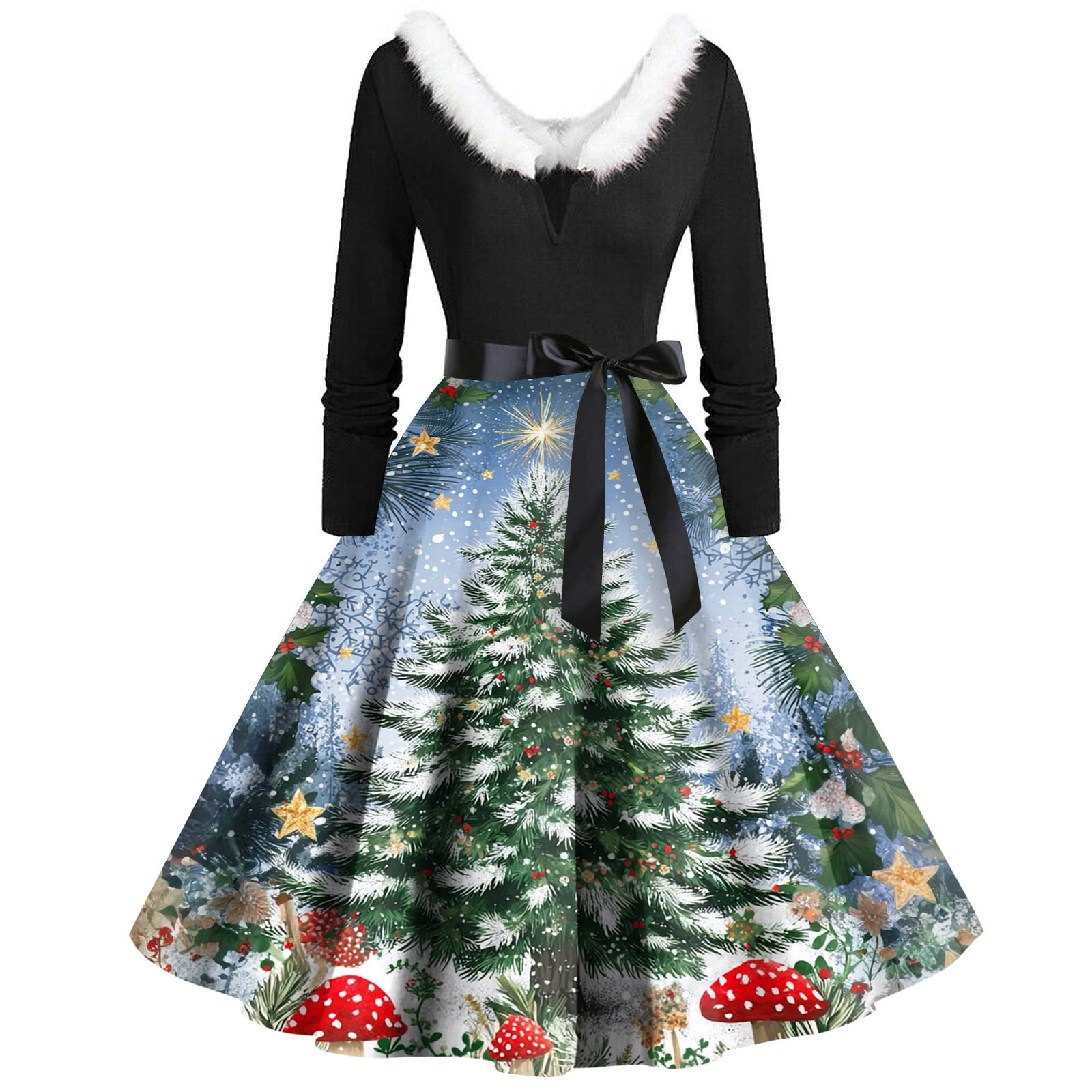 DORKASM Christmas Furry Dresses for Ladies V Neck Warm Christmas Tree ...