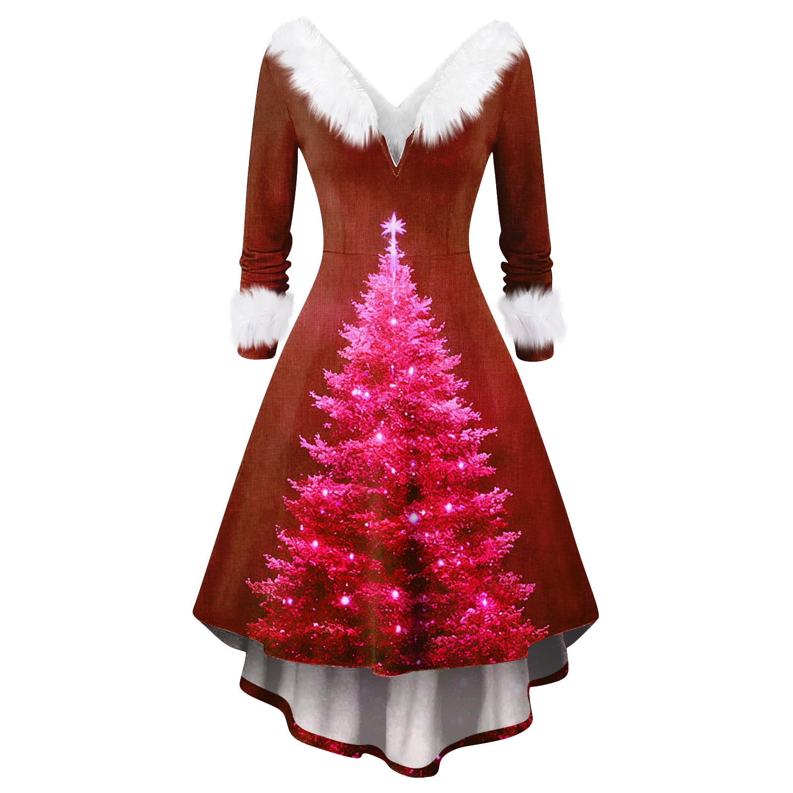 DORKASM Christmas Ladies Furry Dresses V Neck Cute Christmas Tree ...