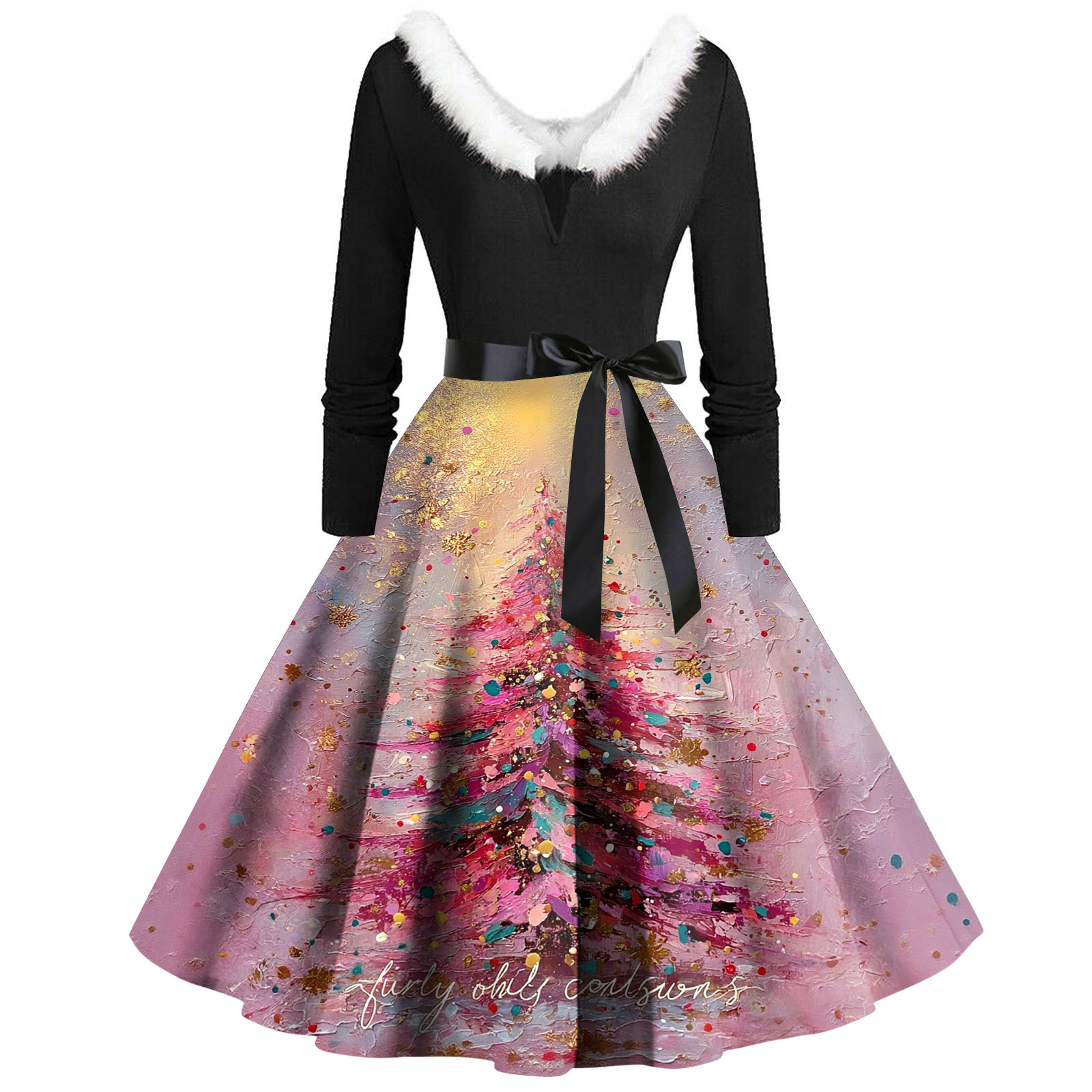 DORKASM Christmas Women Furry Dresses V Neck Fashion Santa Hepburn ...