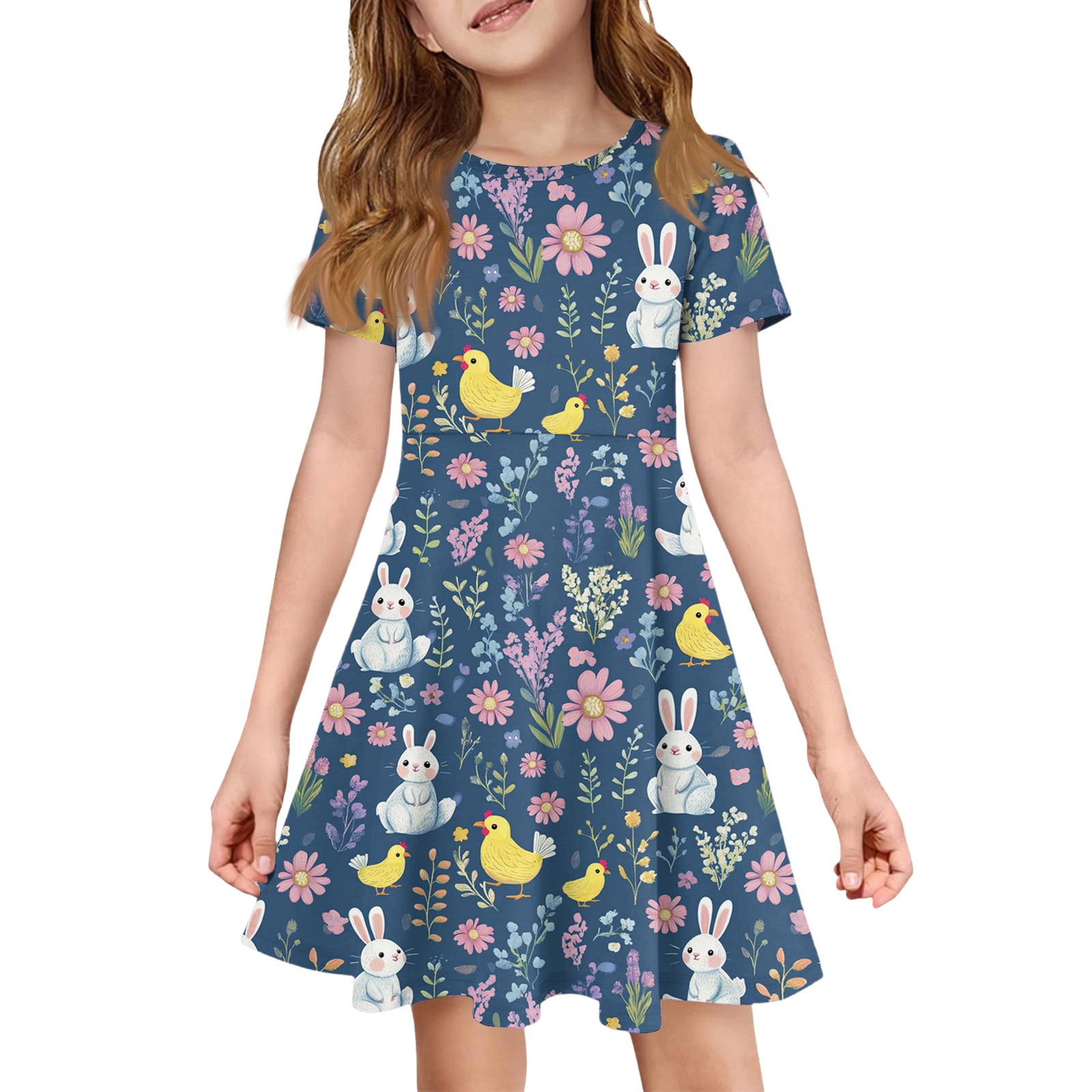 DORKASM Girls Easter Bunny Floral Print Short Sleeve Dress: Pink Casual ...