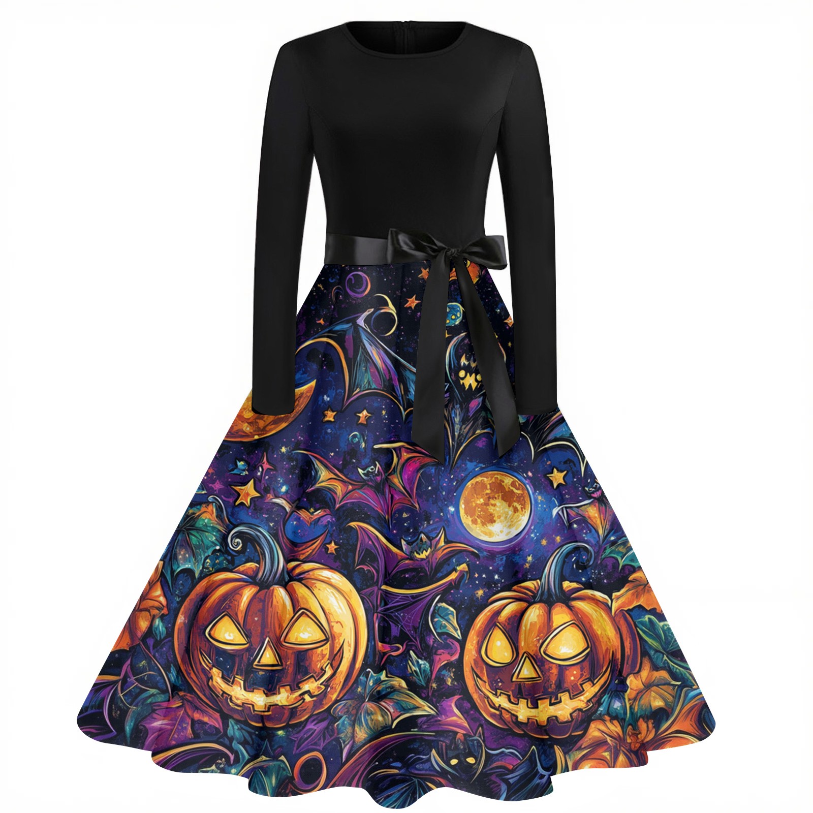 DORKASM Halloween Woman Hepburn Dress Plus Size Spider Net Graphic Crew ...