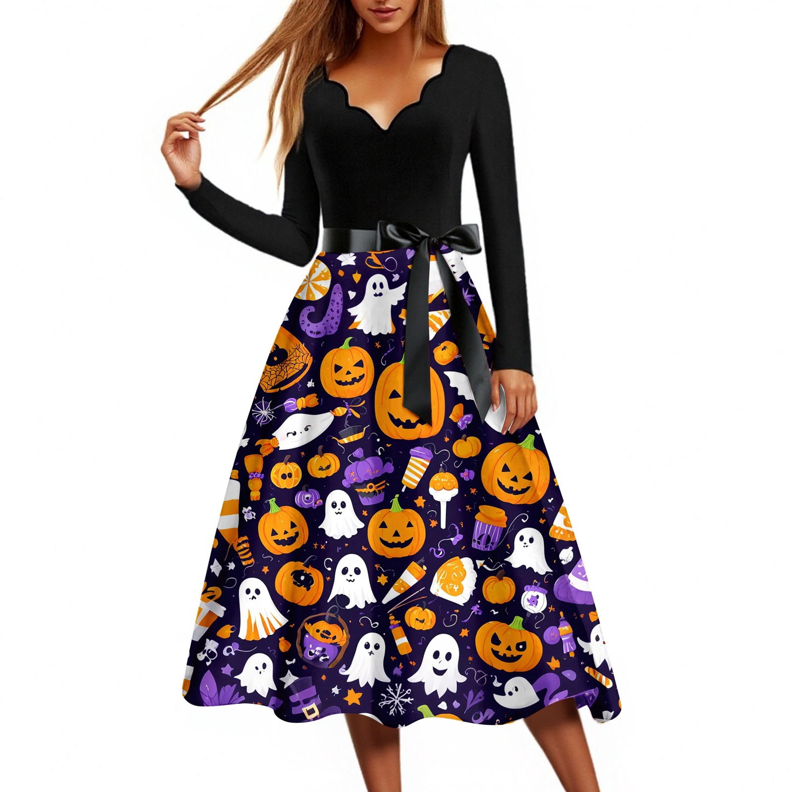 DORKASM Halloween Womens Hepburn Dress 1950s Spooky Graphic V Neck ...