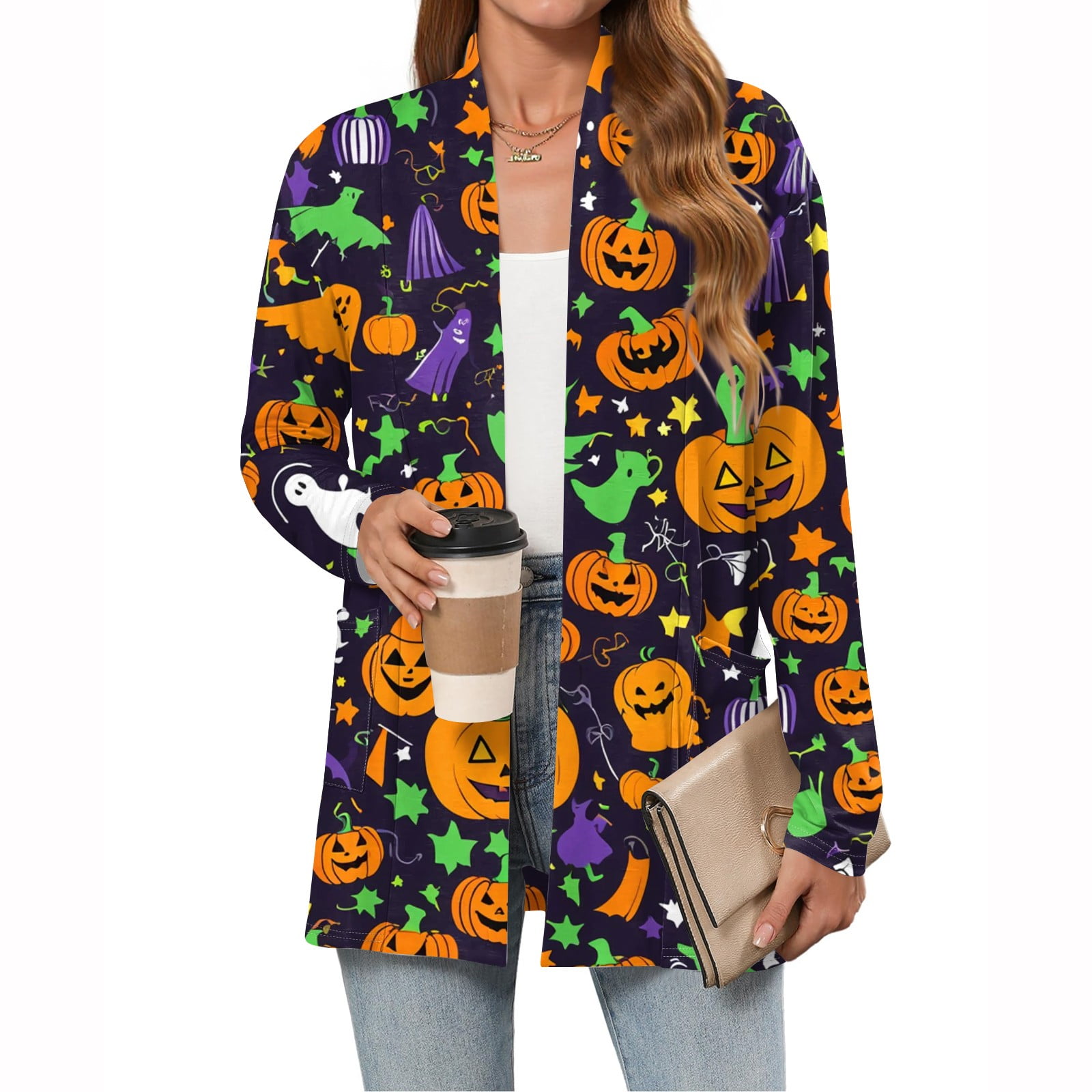 DORKASM Halloween Womens Open Front with Pocket Witch Trendy Casual V ...