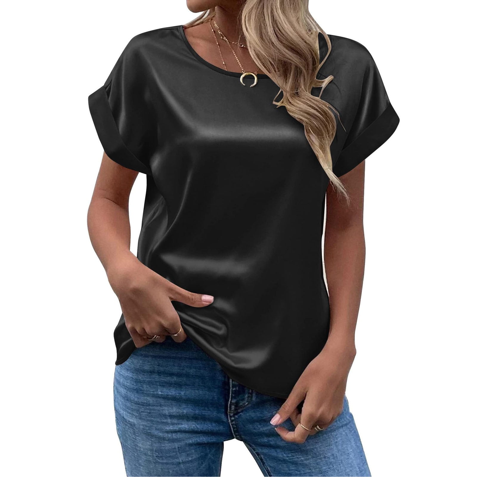 DORKASM Office Blouses for Women for Work Short Sleeve Satin Silk ...