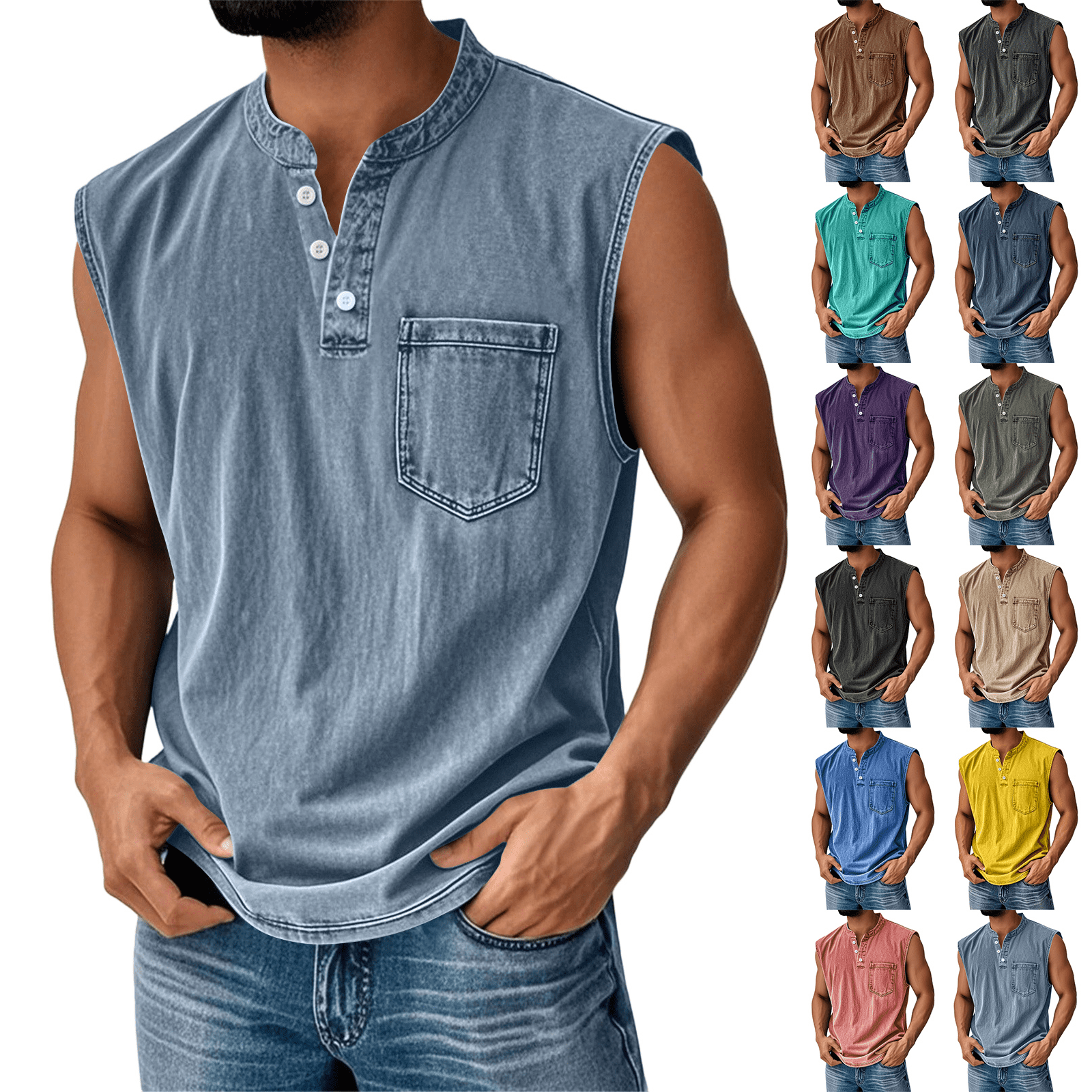 DORKASM Tank Tops Men Crew Neck Retro Workout Tops Sleevesless Button ...