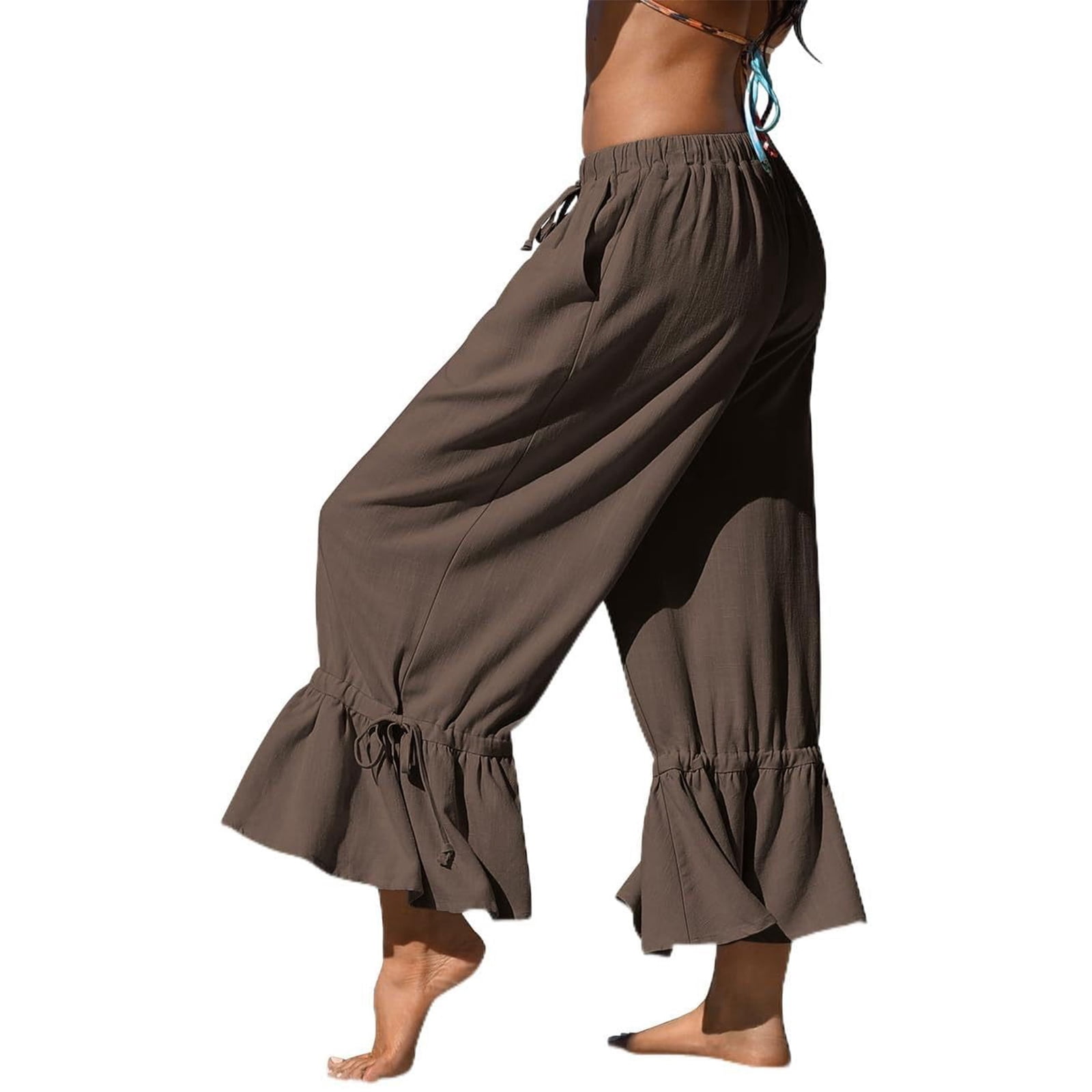 DORKASM Wide Leg Pants for Women Ruffle with Ties Beach High Waist Long ...