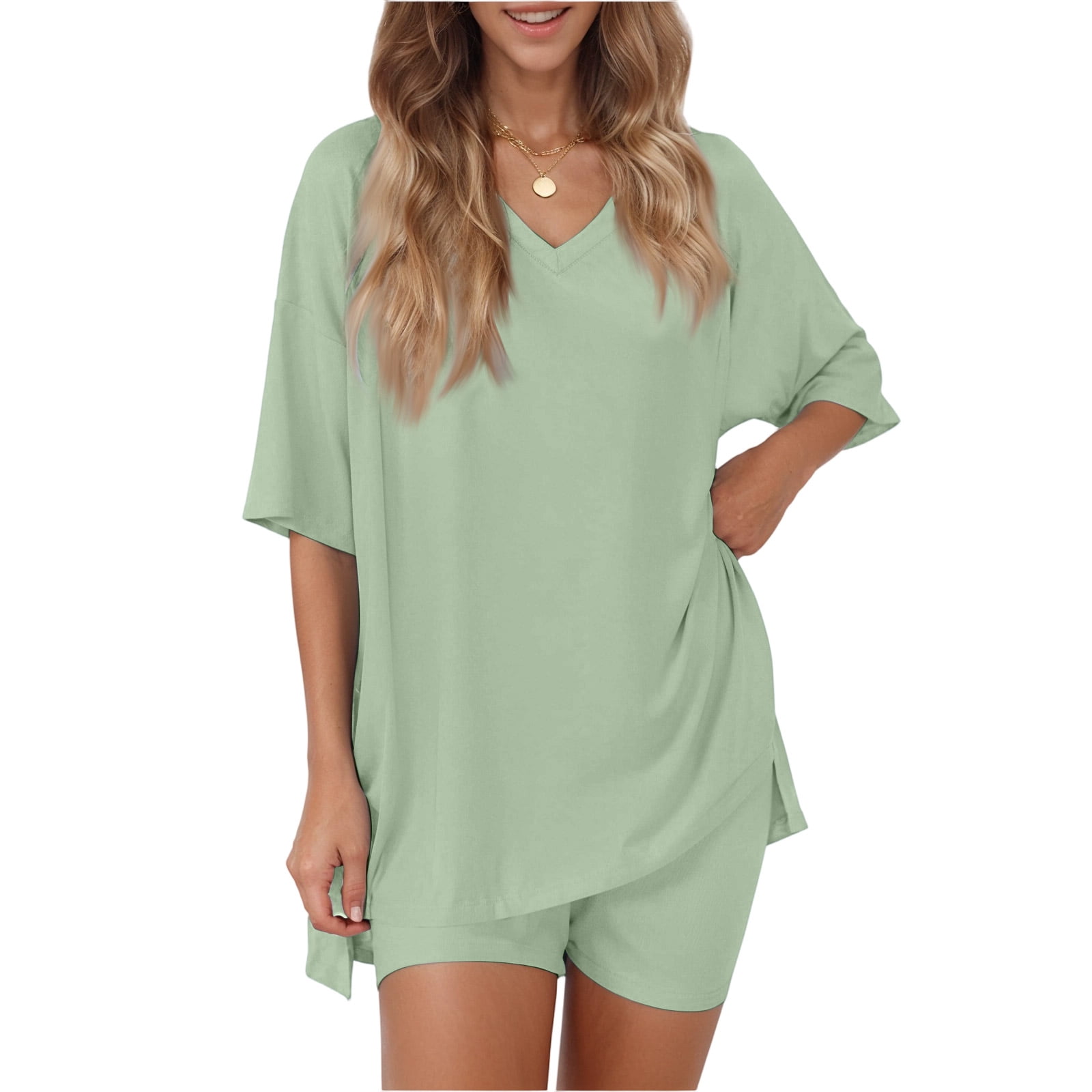 DORKASM Women 2 Piece Lounge Workout Sets Short Sleeve V Neck Side Slit ...
