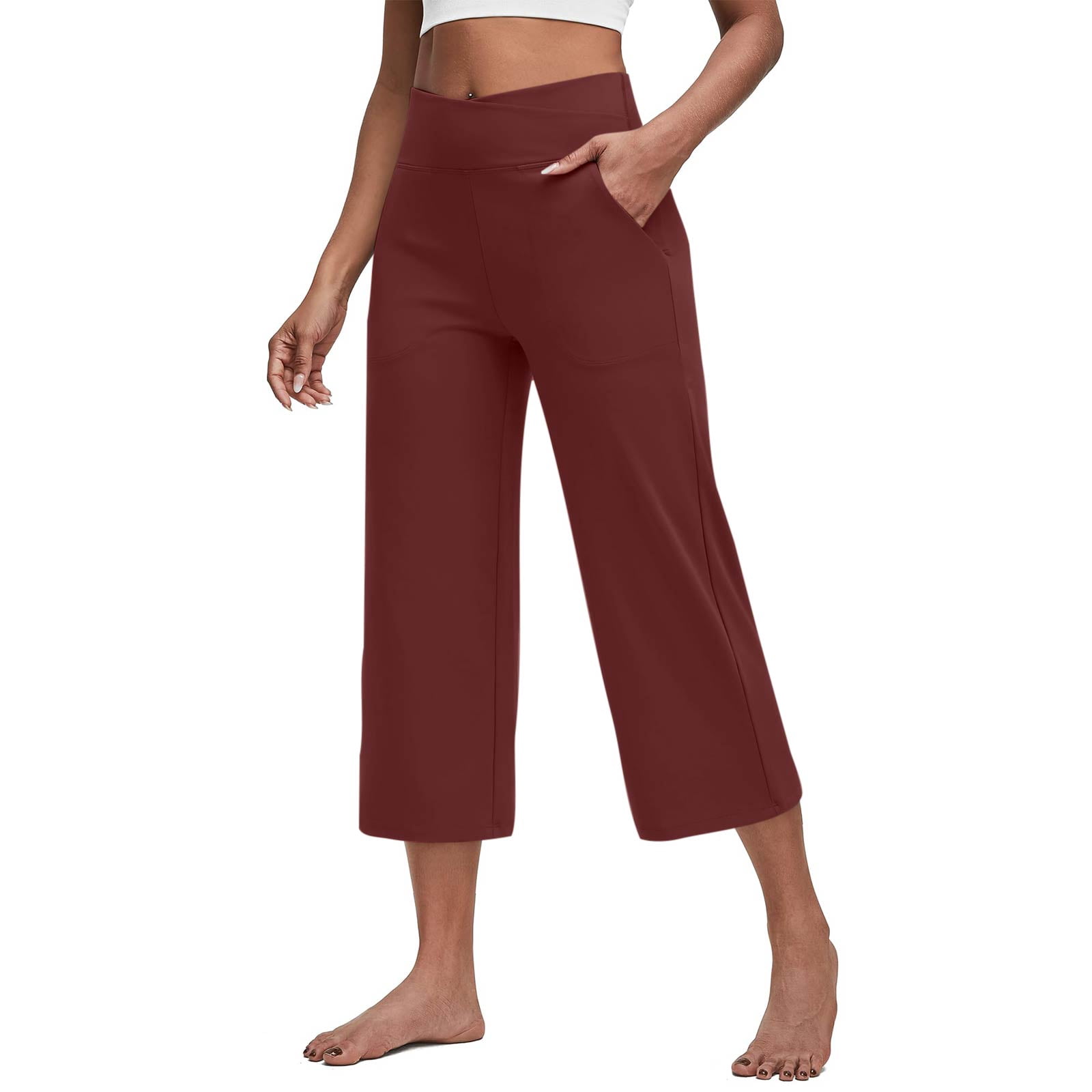 DORKASM Women's Capris High Waist Elastic Waist Trendy Pants Wide Leg ...