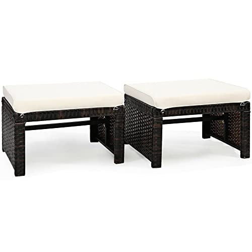 DORTALA 2 Piece Patio Wicker Ottomans, Outdoor Foot Rest with Cushions ...