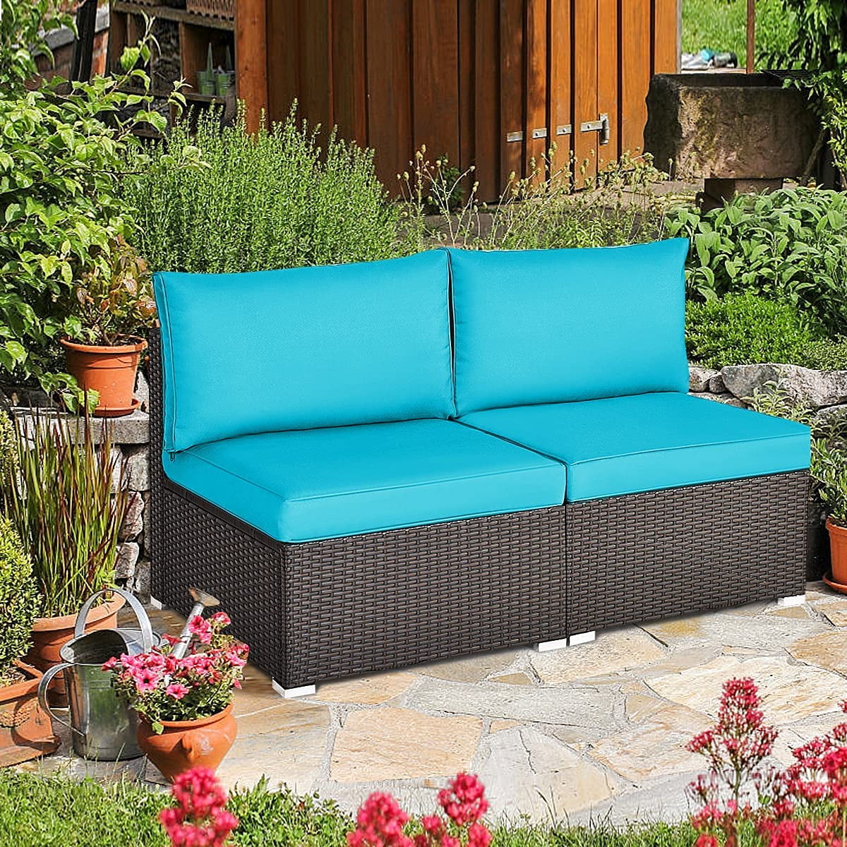 DORTALA 2 Piece Wicker Sectional Armless Chairs, Outdoor Rattan Sectional Sofa Set w/Cushions ...