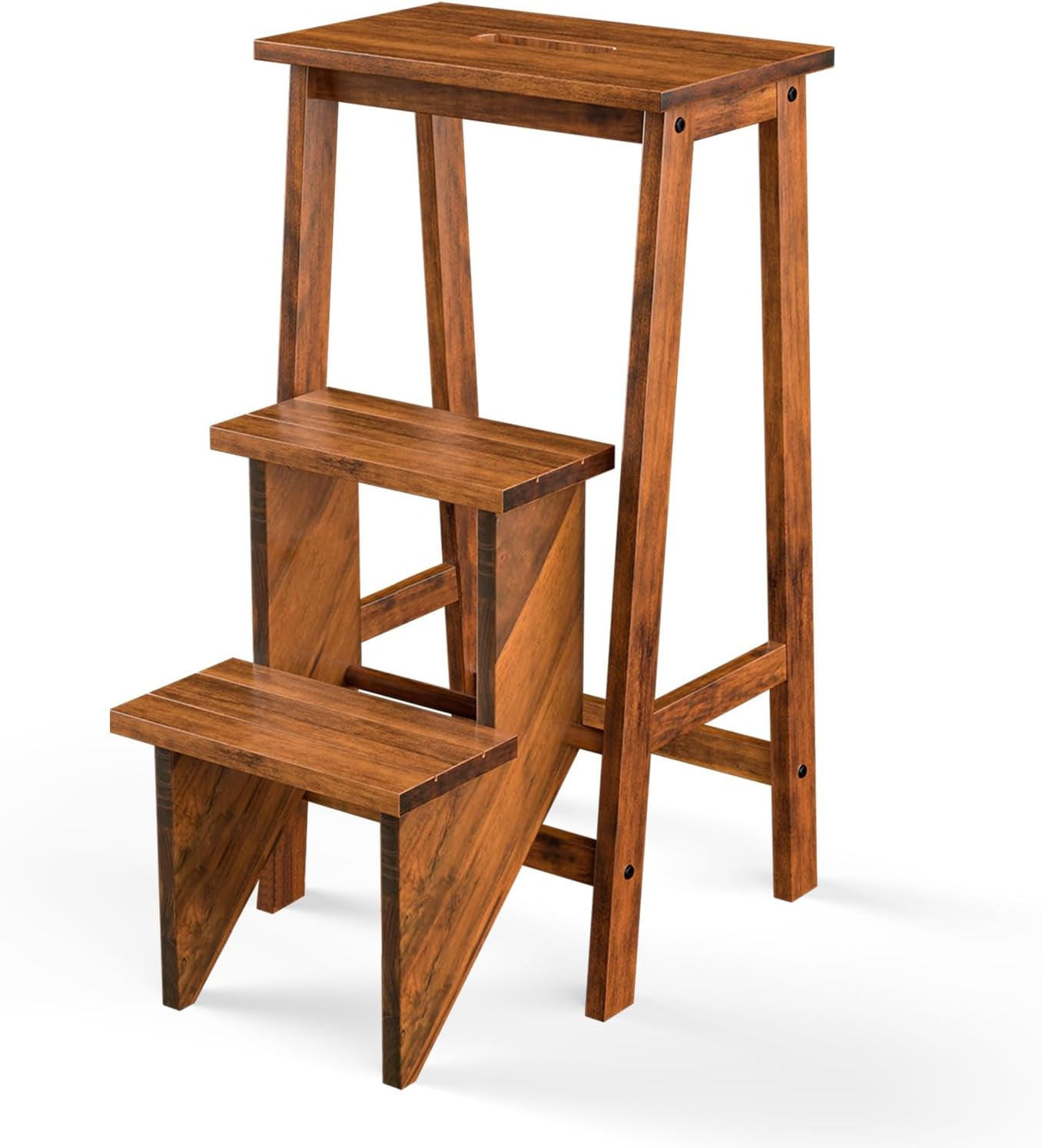 DORTALA 3 Tier Folding Step Stool, Rubber Wood Multifunctional Ladder ...