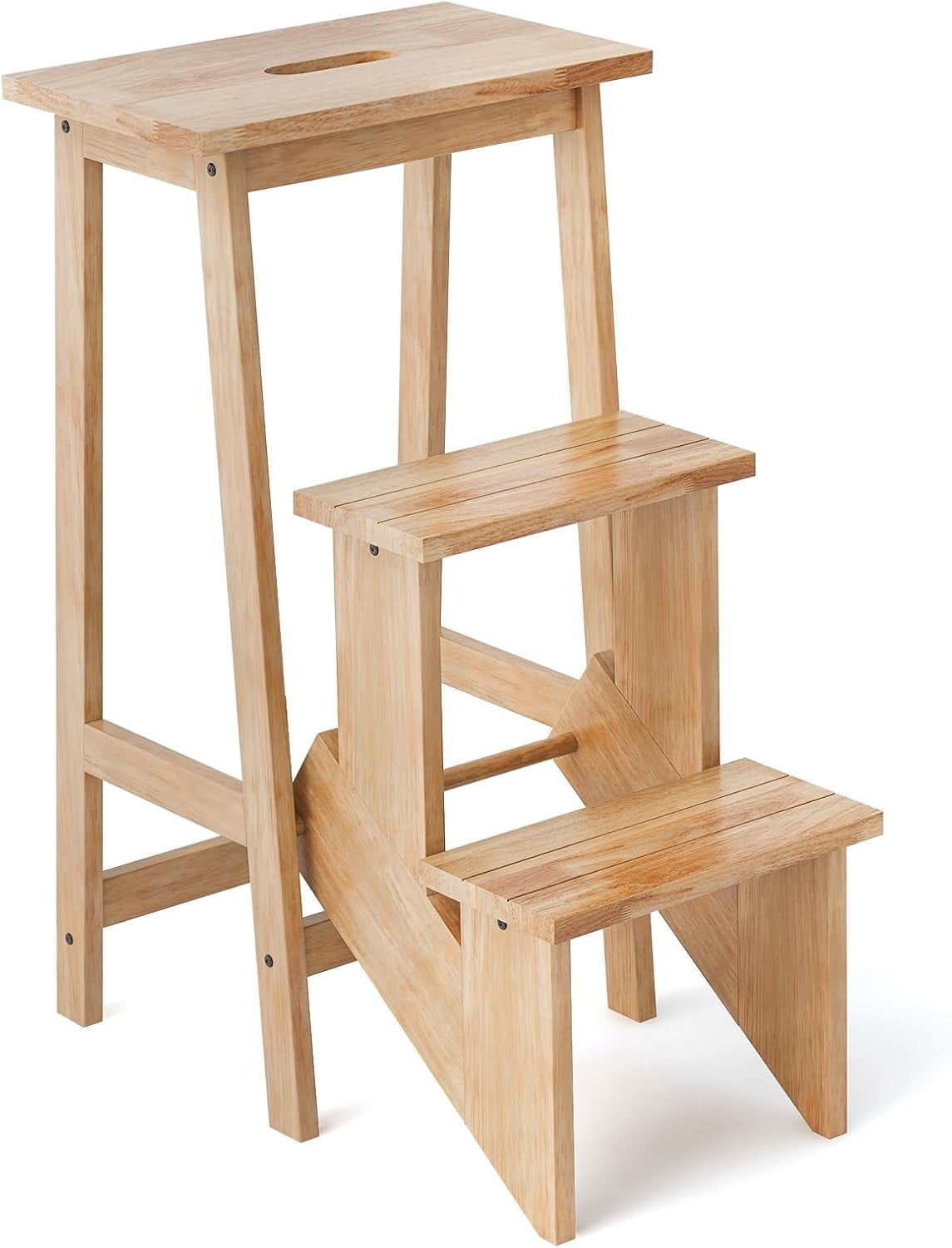 DORTALA 3 Tier Folding Step Stool, Rubber Wood Multifunctional Ladder ...