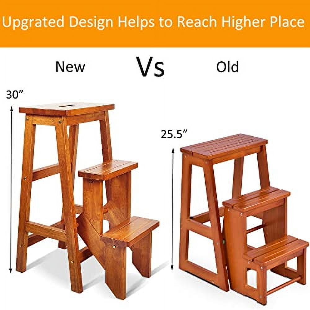 DORTALA 3 Tier Folding Step Stool, Rubber Wood Multifunctional Ladder ...