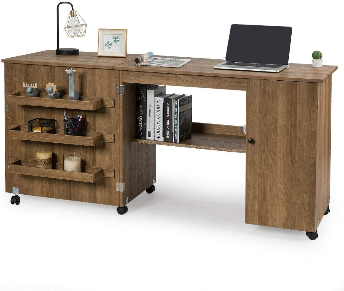 DORTALA Folding Sewing Table, Large Size Craft Cart w/Storage Shelves ...