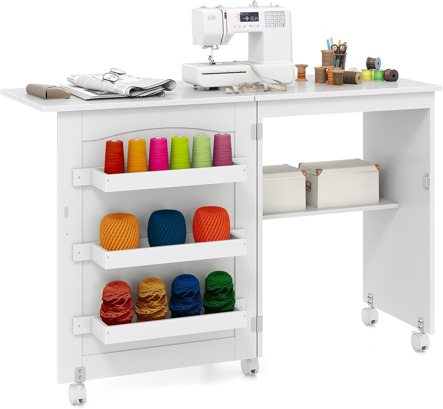 DORTALA Folding Sewing Table, Wood Craft Table With Open Storage ...