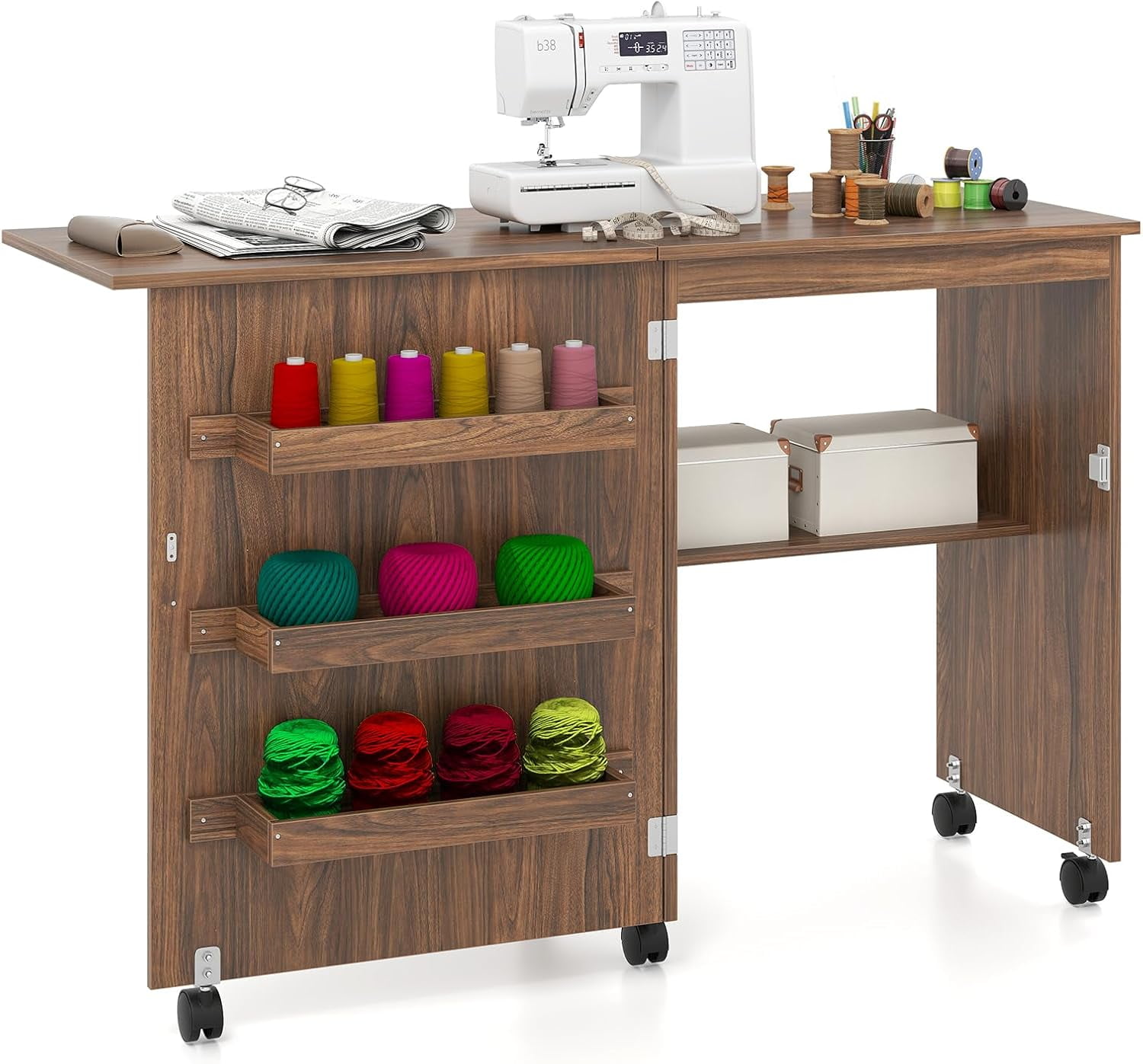 DORTALA Folding Sewing Table, Wood Sewing Craft Table with Open Storage ...