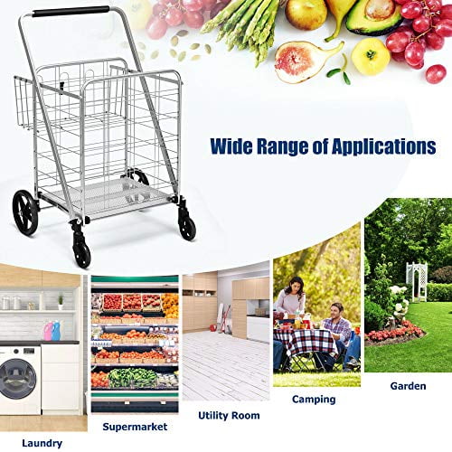 DORTALA Folding Shopping Cart, 330 lbs Capacity, Jumbo Double Basket Grocery Cart with 360 ...