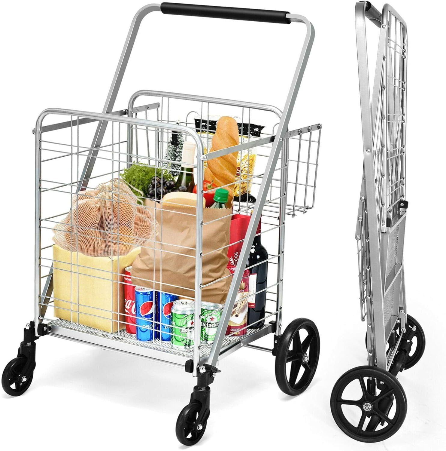 DORTALA Folding Shopping Cart, 330 lbs Capacity, Jumbo Double Basket Grocery Cart with 360 ...