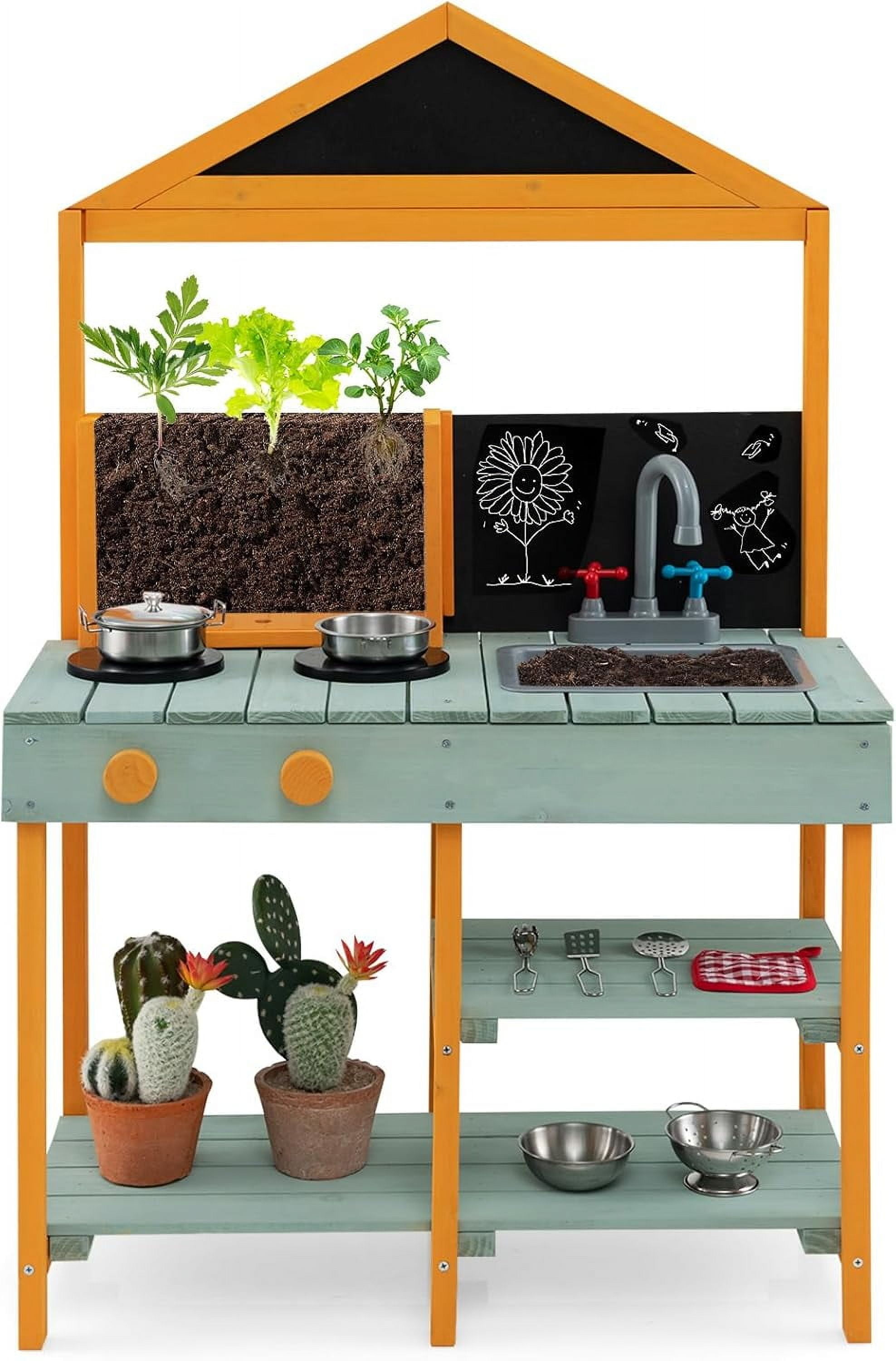 DORTALA Mud Kitchen, Fir Wood Outdoor Play Kitchen with Transparent ...