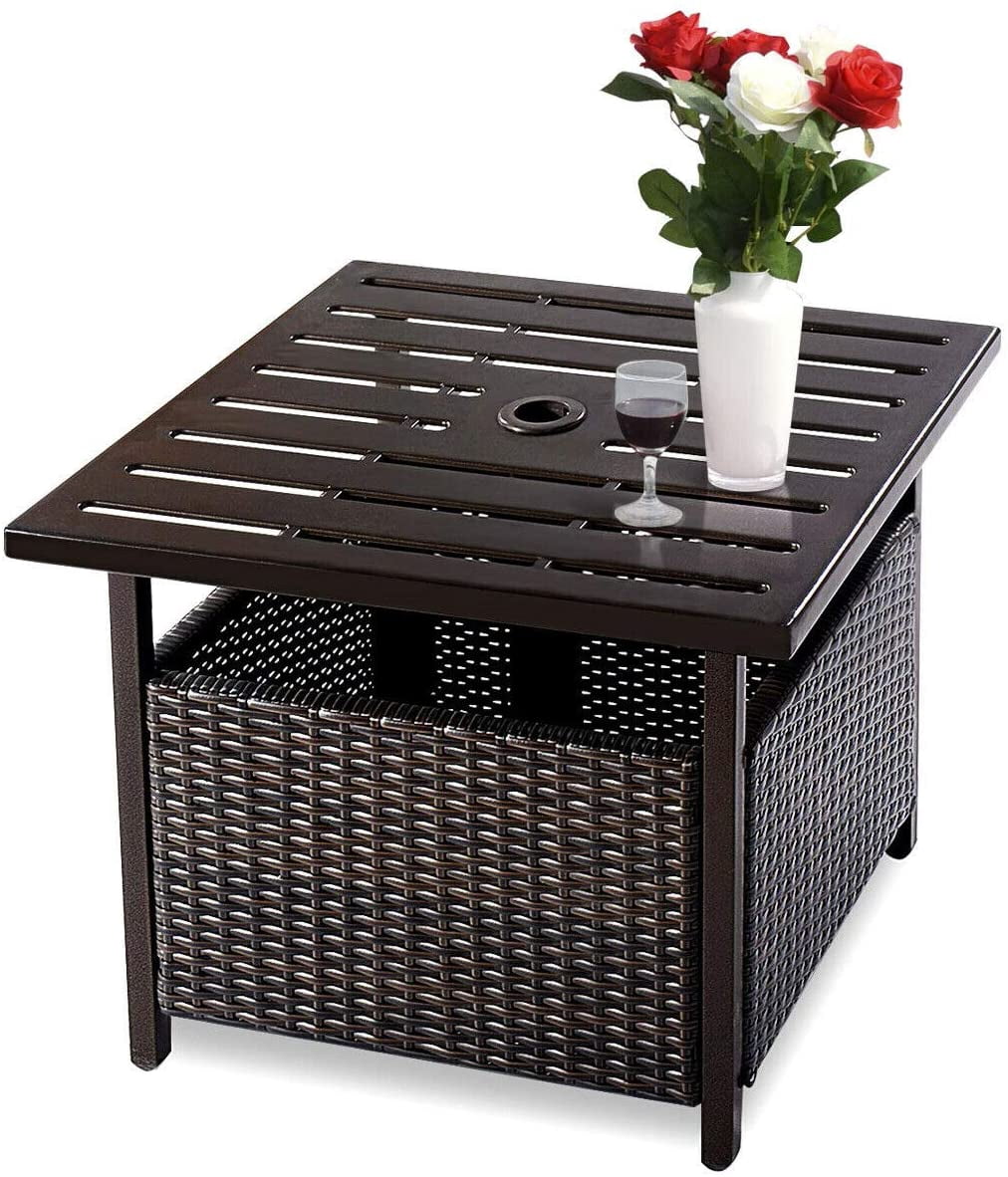 DORTALA Rattan Wicker Umbrella Square Side Table Outdoor Stand Garden ...