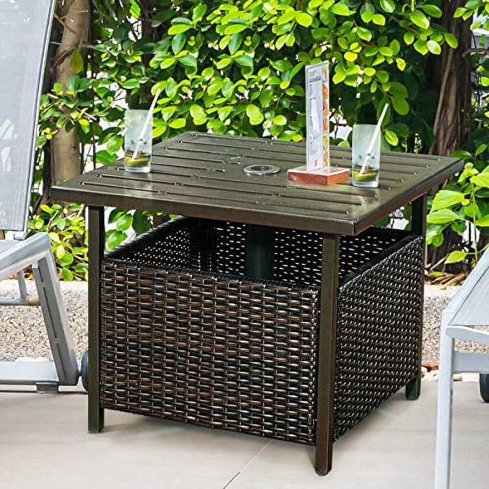 TeviRoom Rattan Wicker Umbrella Side Table, Square Outdoor Stand, Dark ...