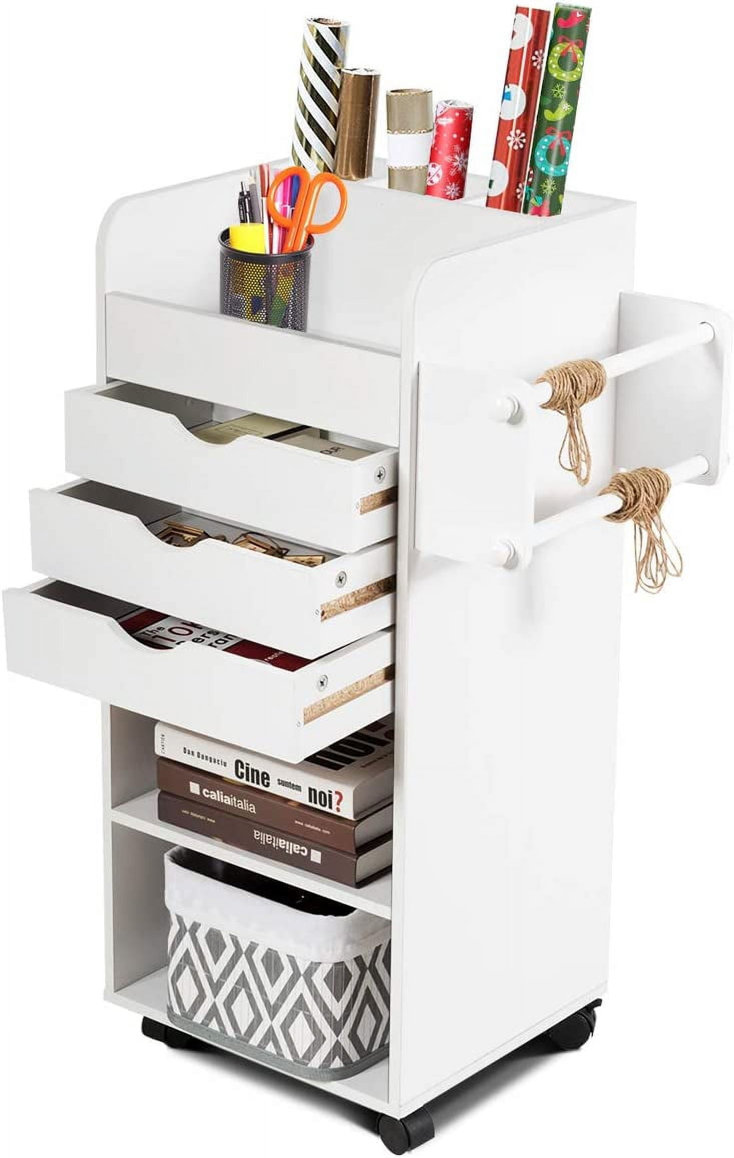 DORTALA Rolling Craft Storage Cart, Wooden Utility Cart w/ 3 Drawers, 3 ...