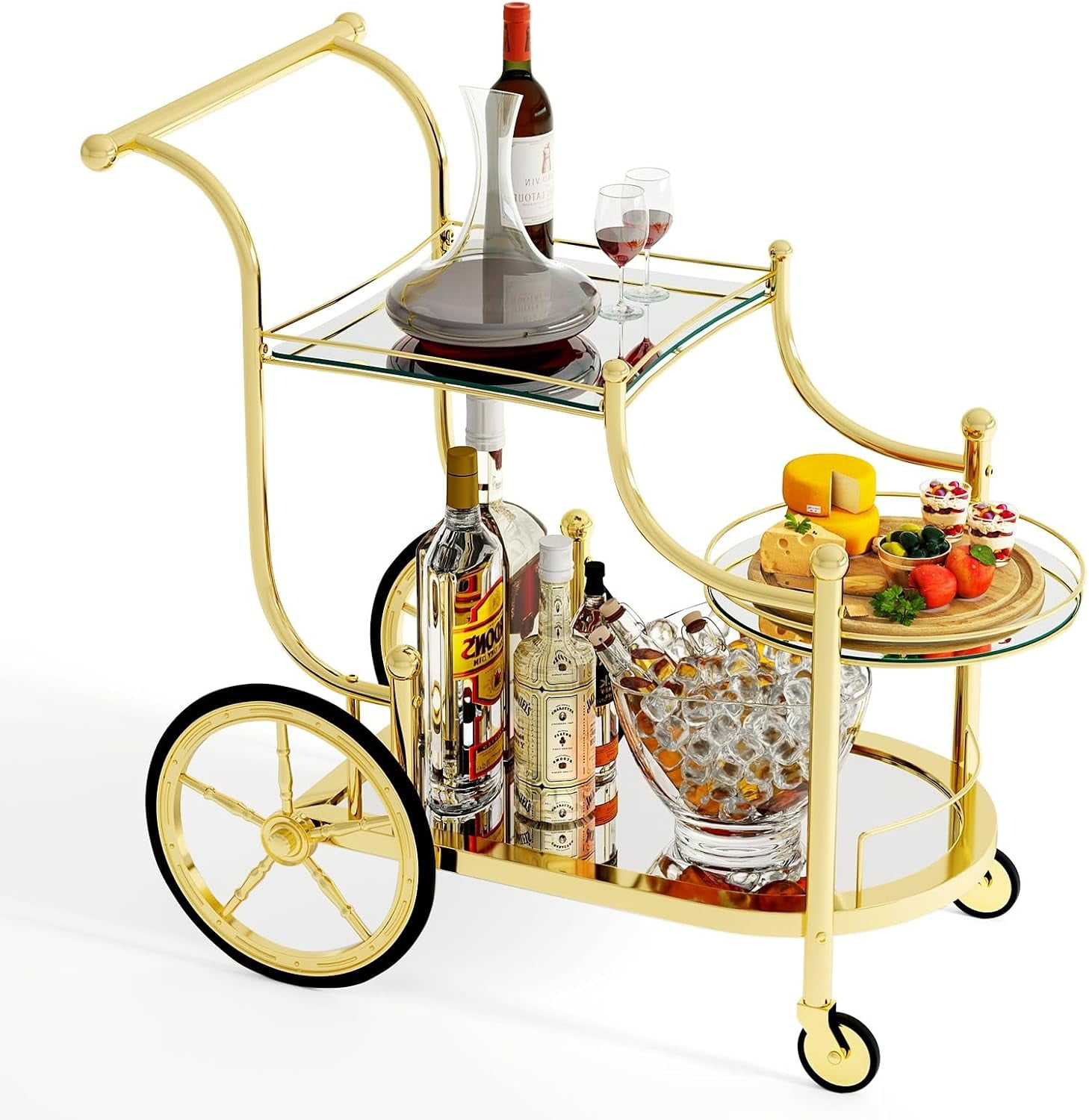 DORTALA Rolling Serving Cart, 3-Tier Metal Bar Cart with Tempered Glass ...