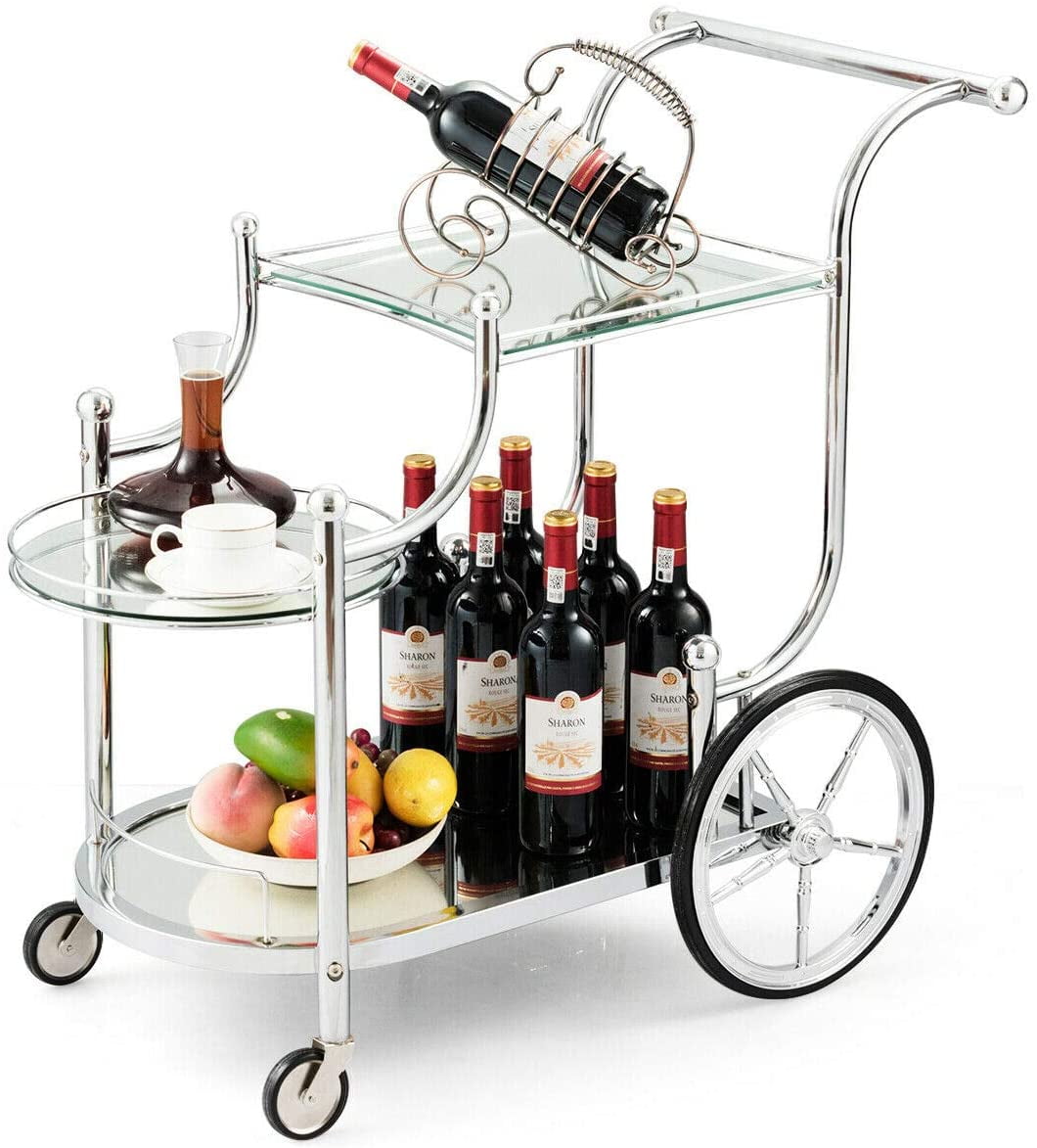 DORTALA Rolling Serving Cart, 3-Tier Metal Bar Cart with Tempered Glass ...