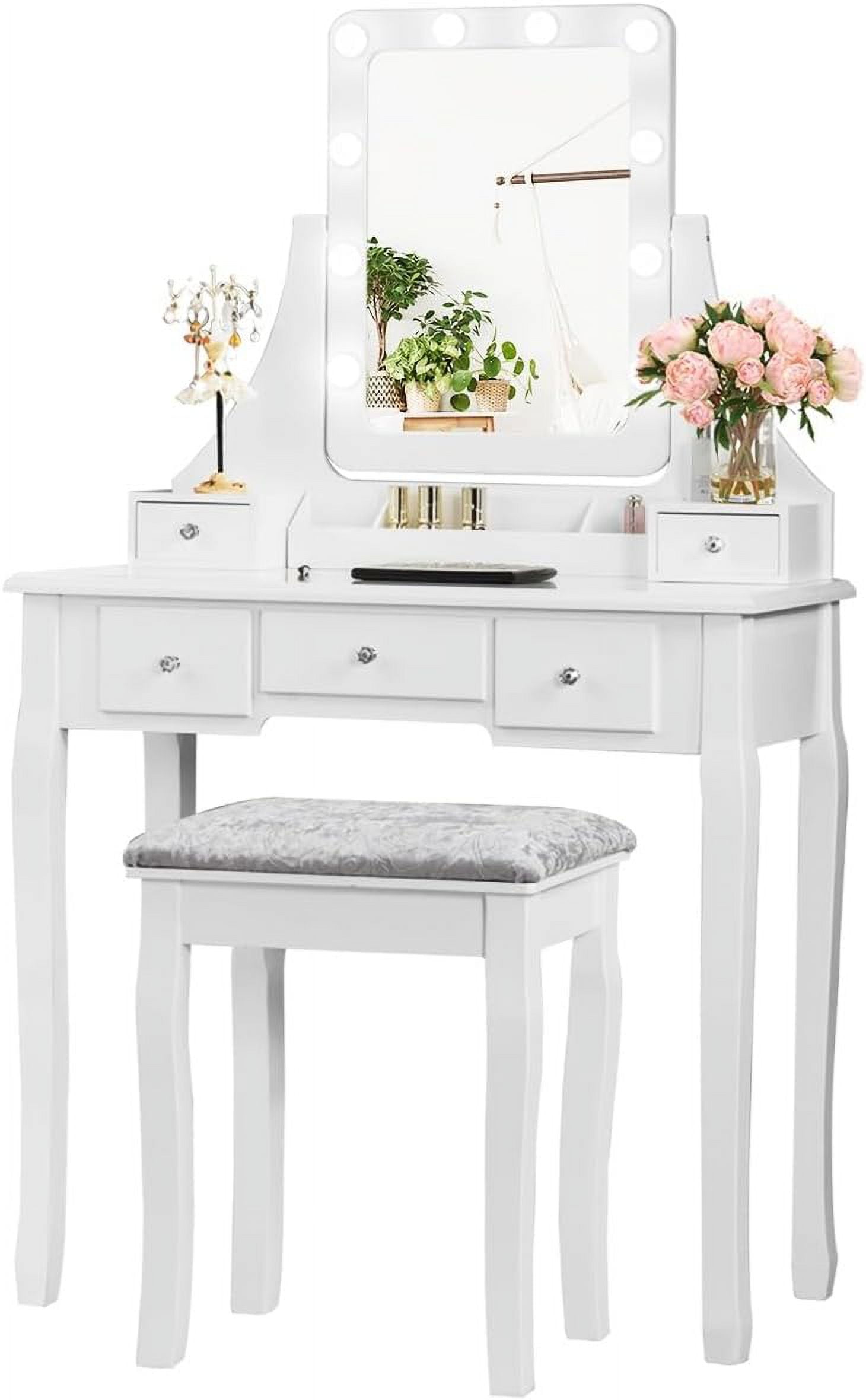 DORTALA Vanity Table Set w/ 360-Degree Rectangular Mirror & Cushioned ...
