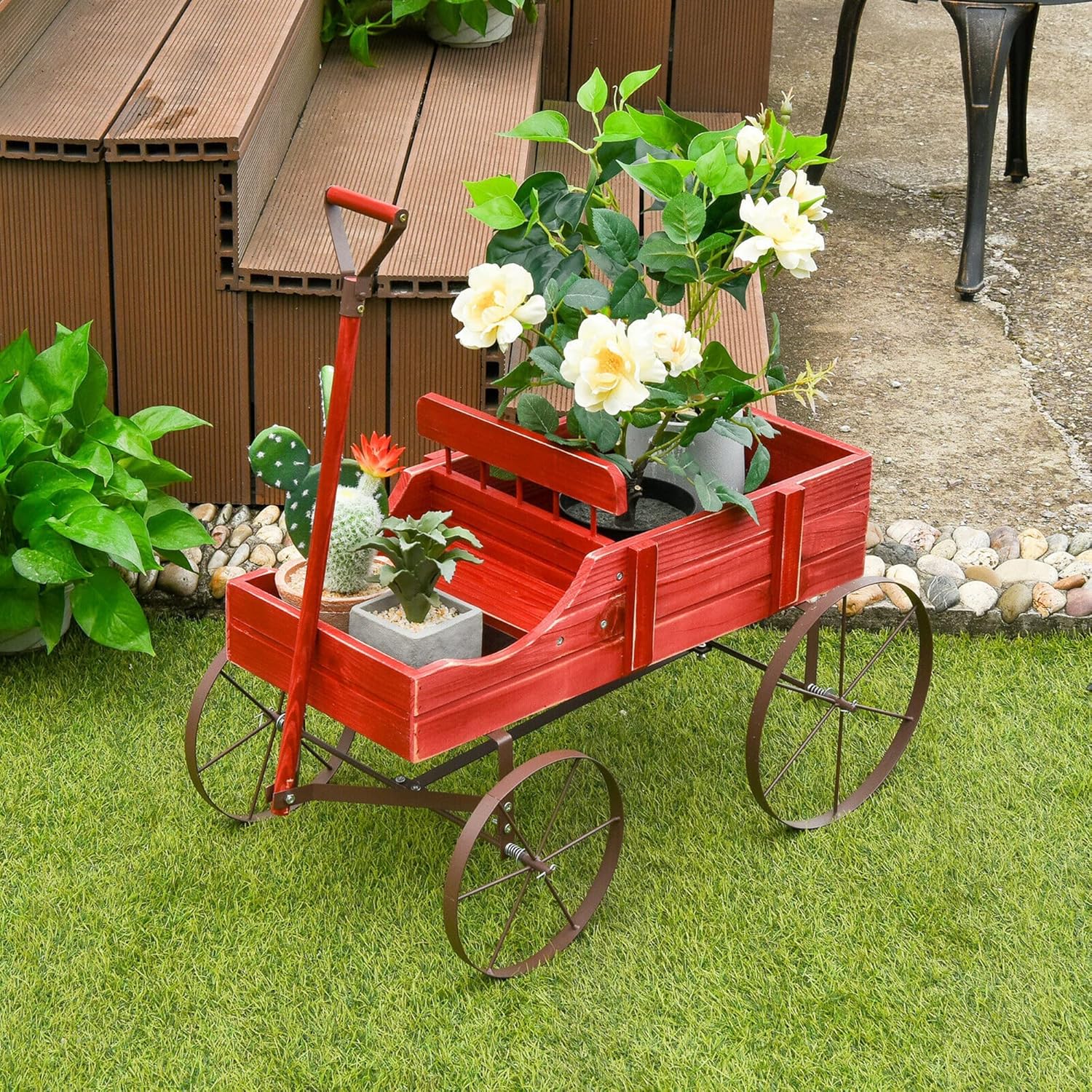 DORTALA Wood Wagon Planter, Outdoor Garden Flower Planter Cart with ...