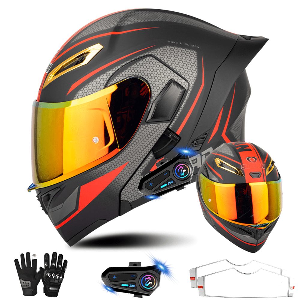 DOT Bluetooth Modular Motorcycle Helmet ,Gold lenses, Unisex Adult Flip ...
