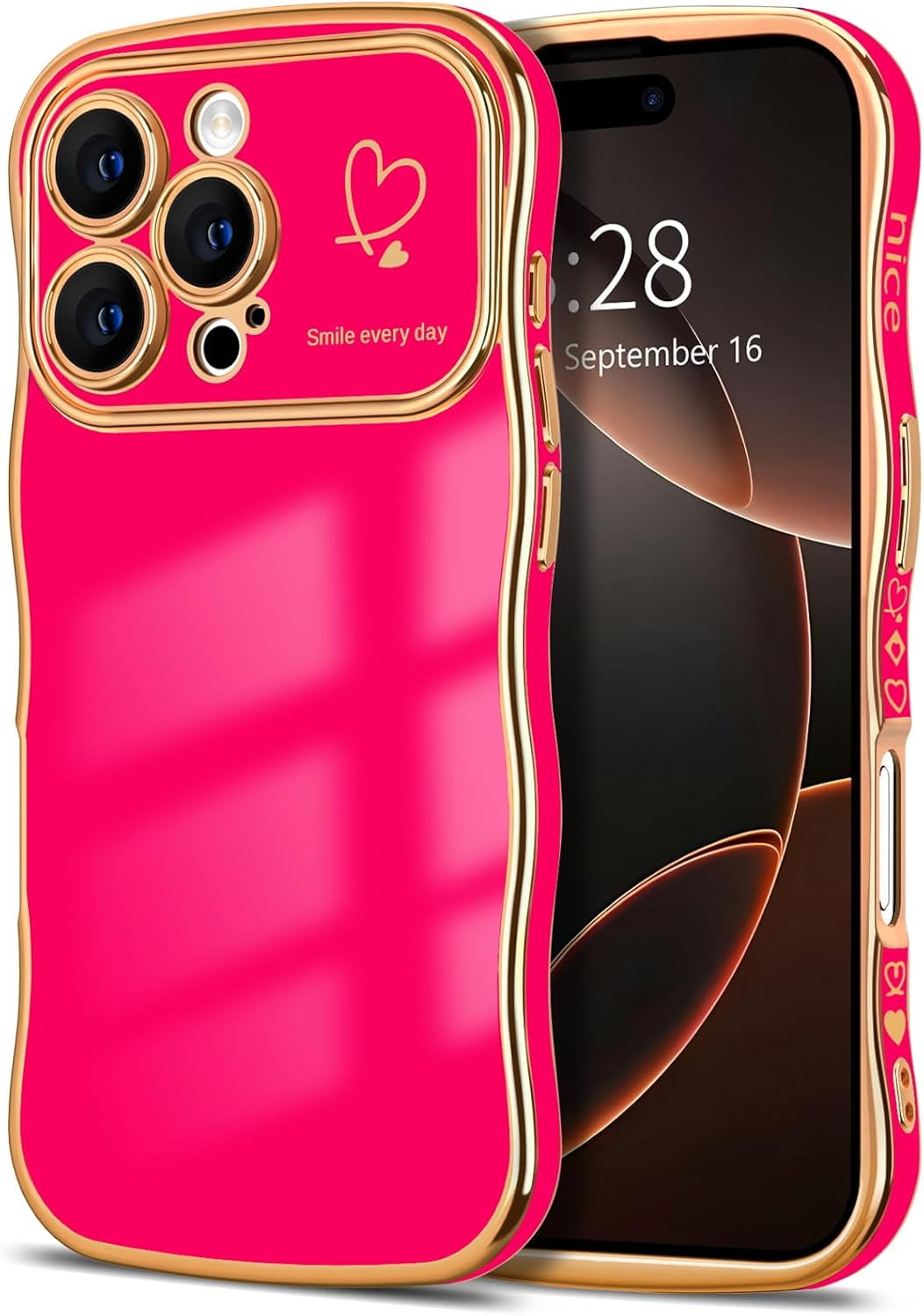 DOUALL-for iPhone 16 Pro Max Case Wave Wavy Phone Cases with Love Heart, Luxury Plating Edge ...