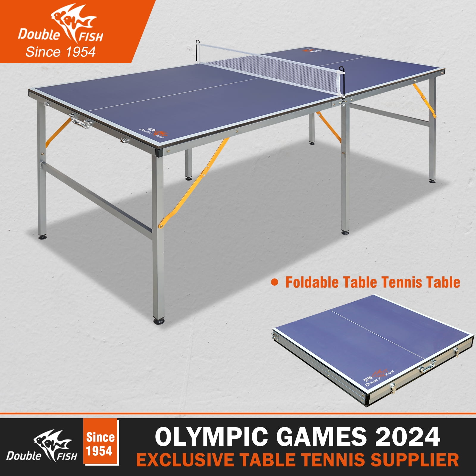 DOUBLE FISH 6ft Mid-Size Blue Foldable Portable Ping Pong Table Indoor ...